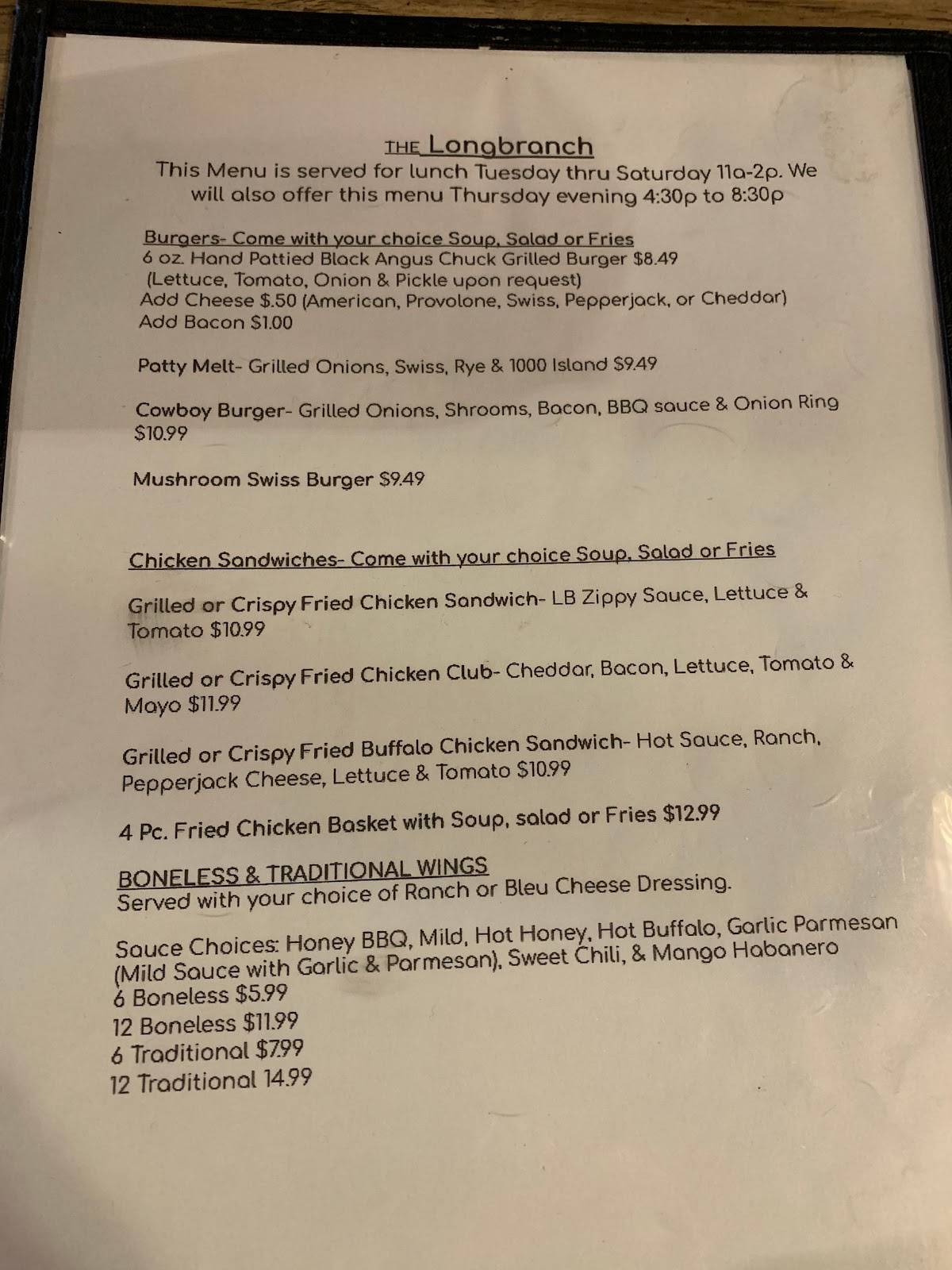 Menu at Longbranch Restaurant, L'Erable, N 1500 East Rd