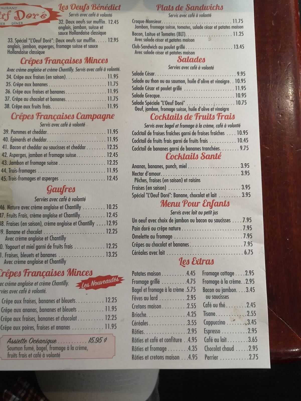 Menu au L'Oeuf Doré restaurant, Saint-Jean-sur-Richelieu