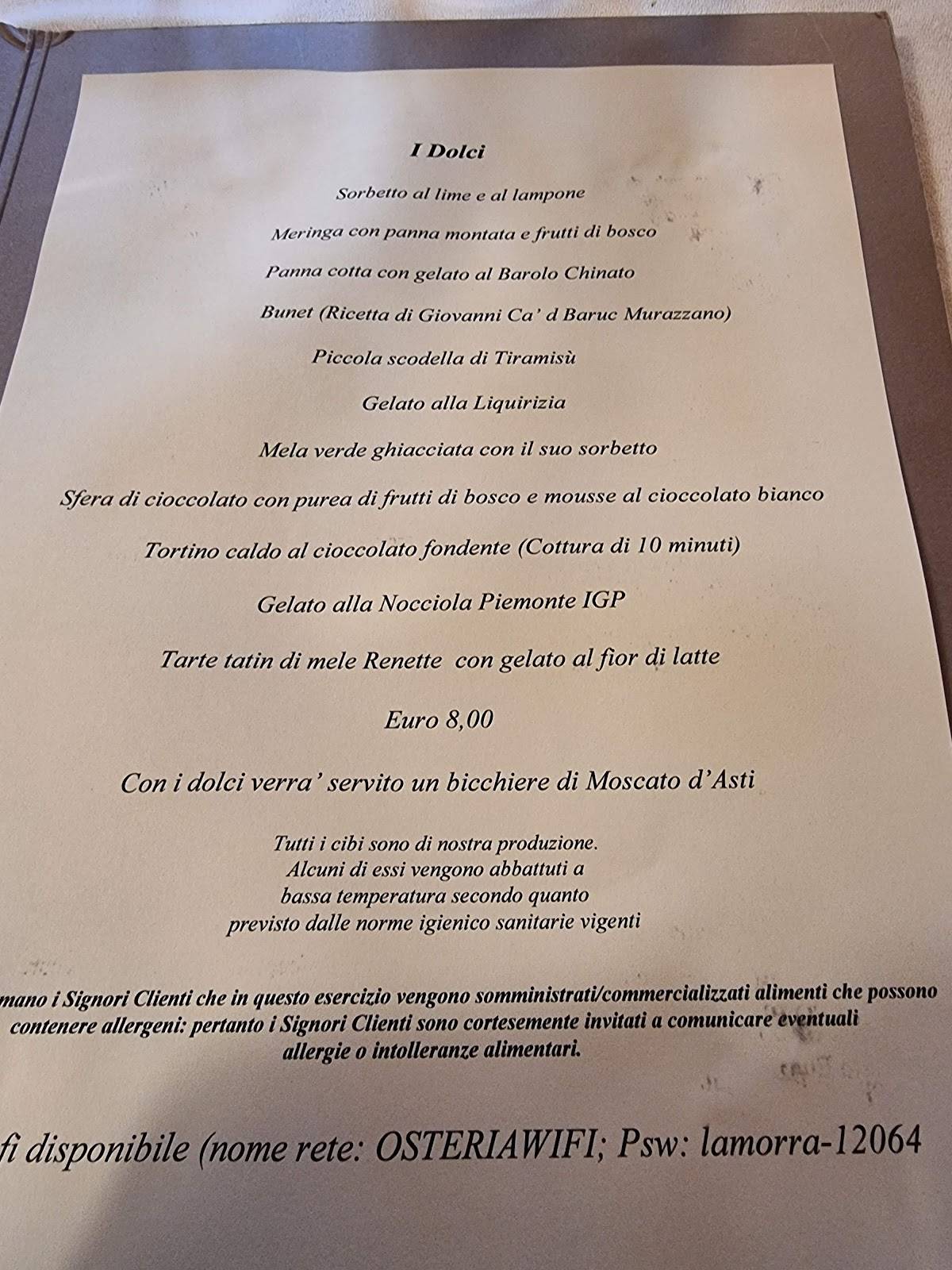 Speisekarte von L'Osteria del Vignaiolo restaurant, La Morra