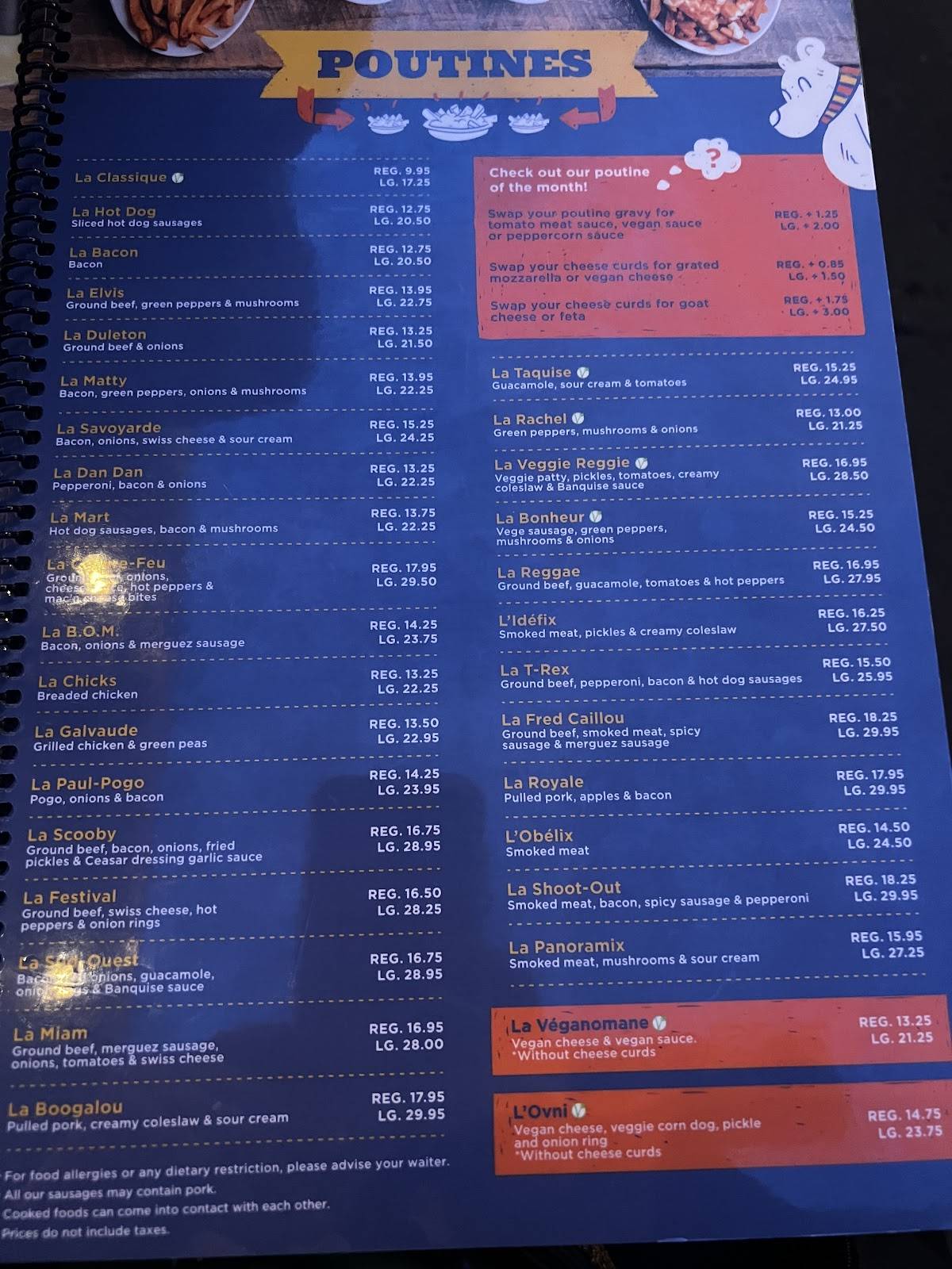 Carta del restaurante La Banquise, Montréal