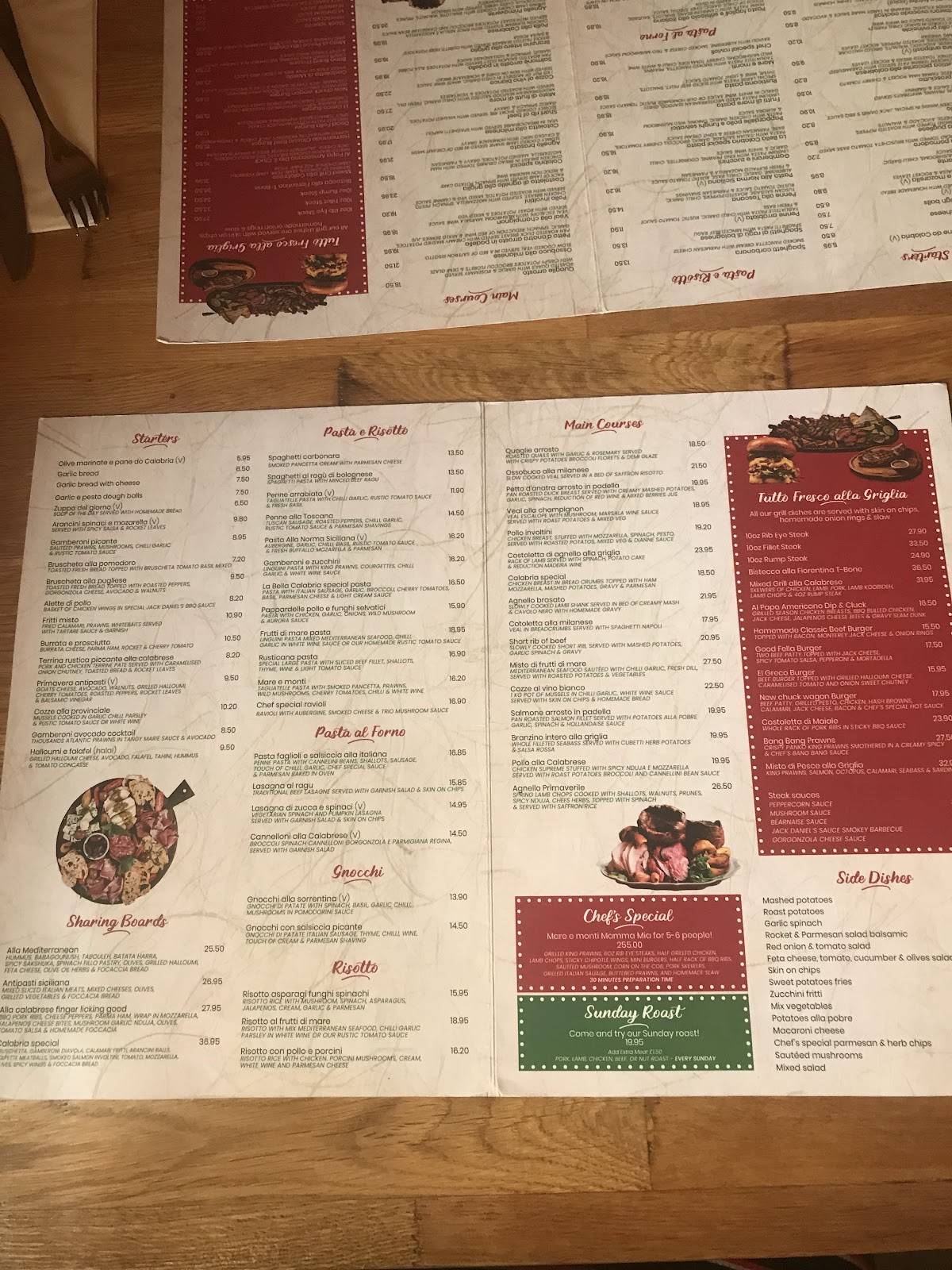 Menu at La Bella Calabria restaurant, Dunstable
