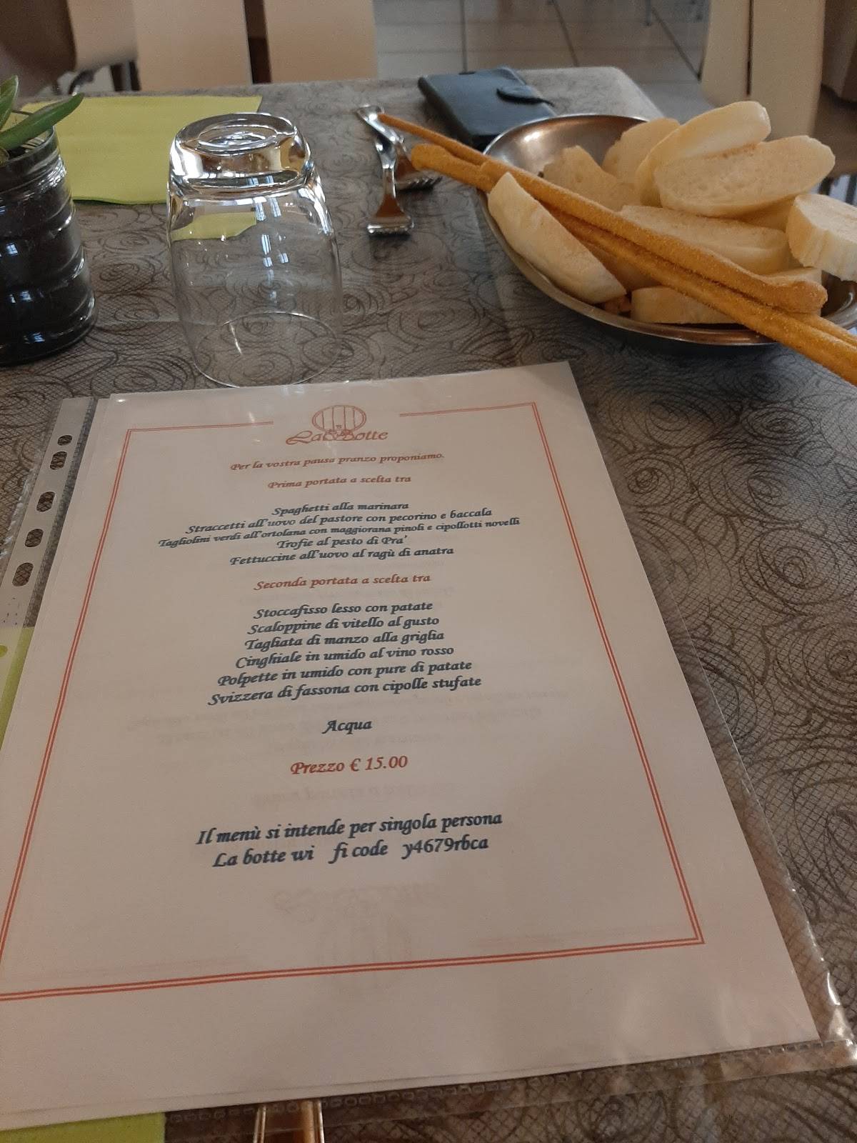 Menu au La Botte restaurant, Masone
