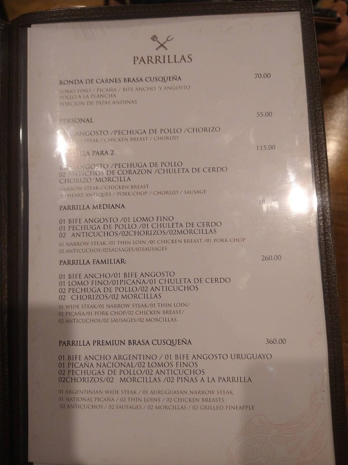 Carta de La Brasa Cusqueña - CARNES A LA PARRILLA, Cusco