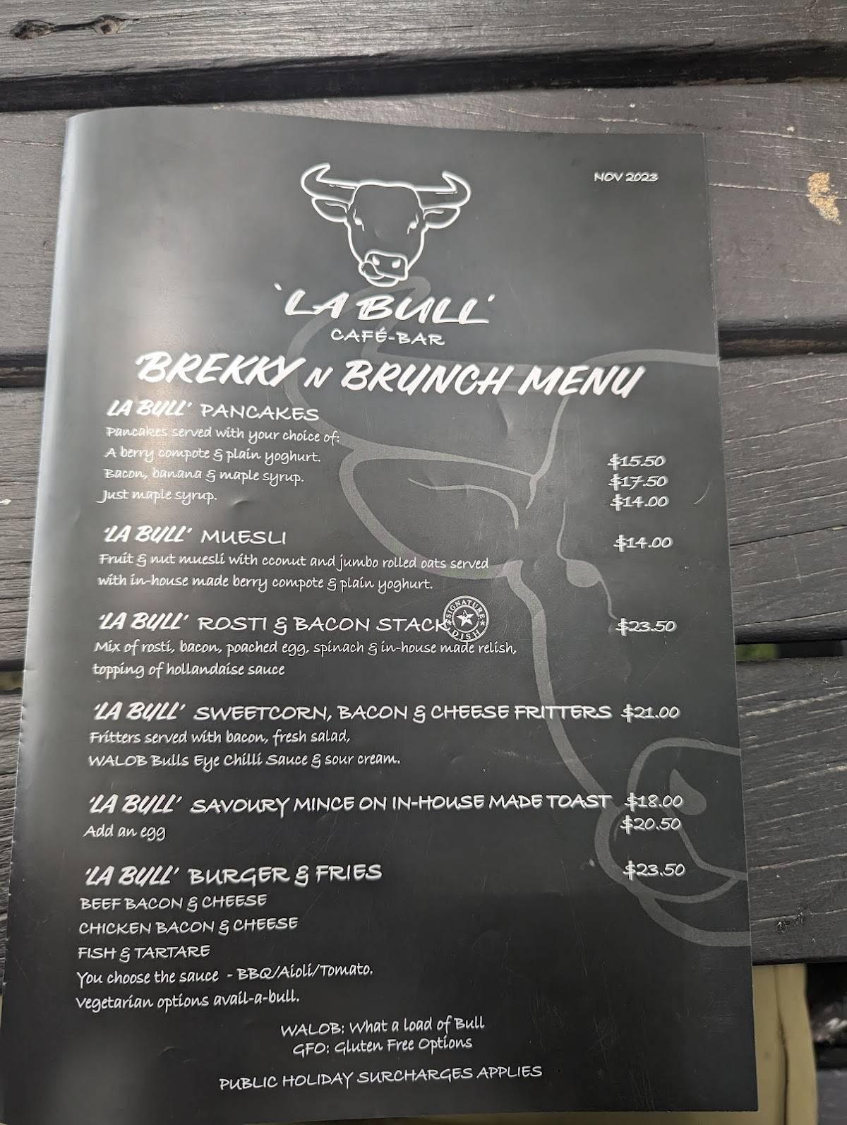 Menu at La Bull Cafe & Bar, Bulls