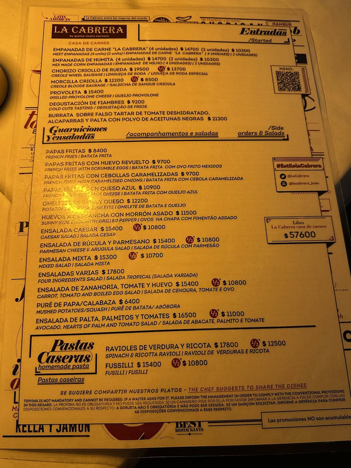 Menu at La Cabrera steakhouse, Buenos Aires, José A. Cabrera 5127