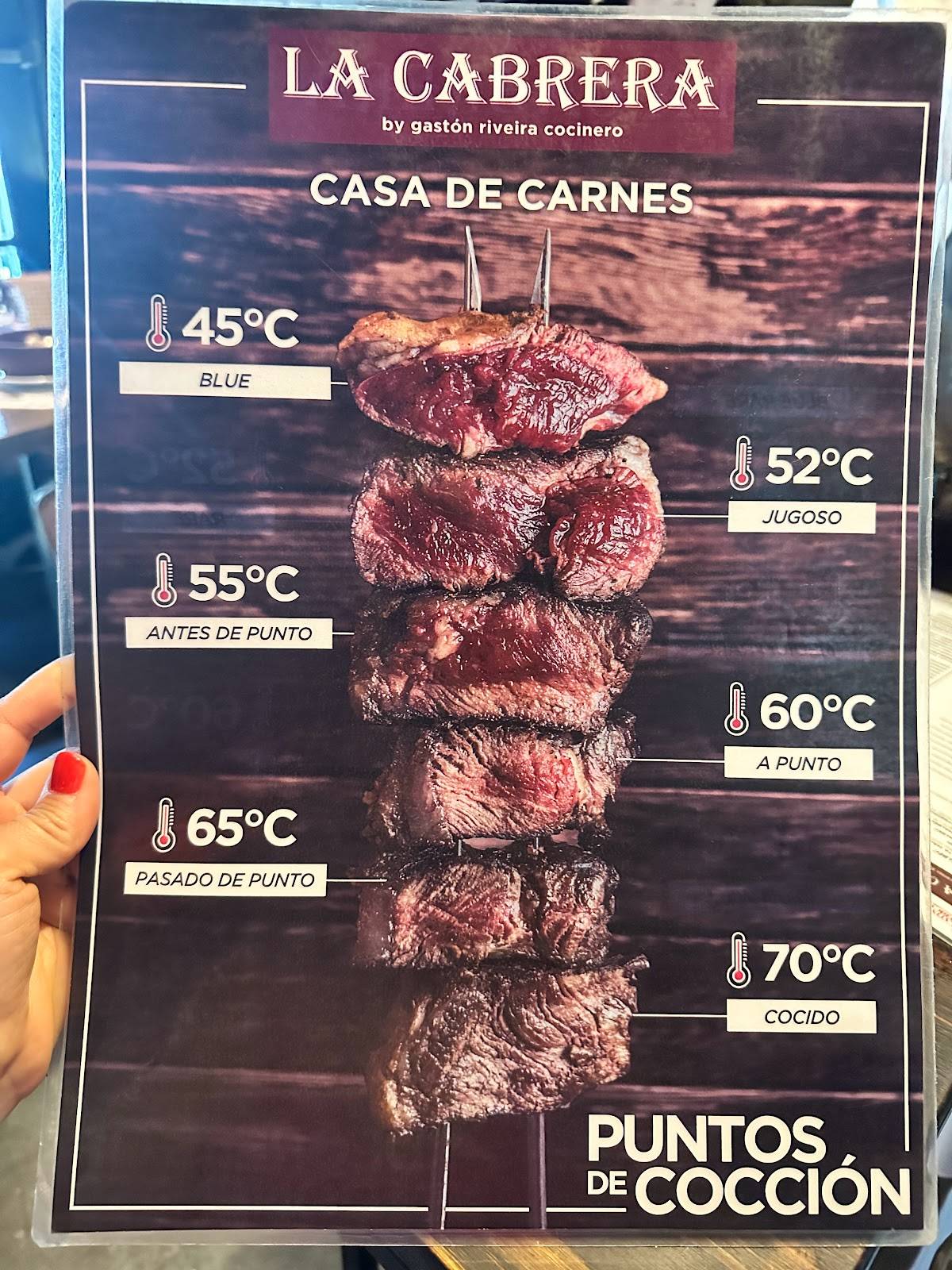 Menu at La Cabrera steakhouse, Buenos Aires, José A. Cabrera 5127