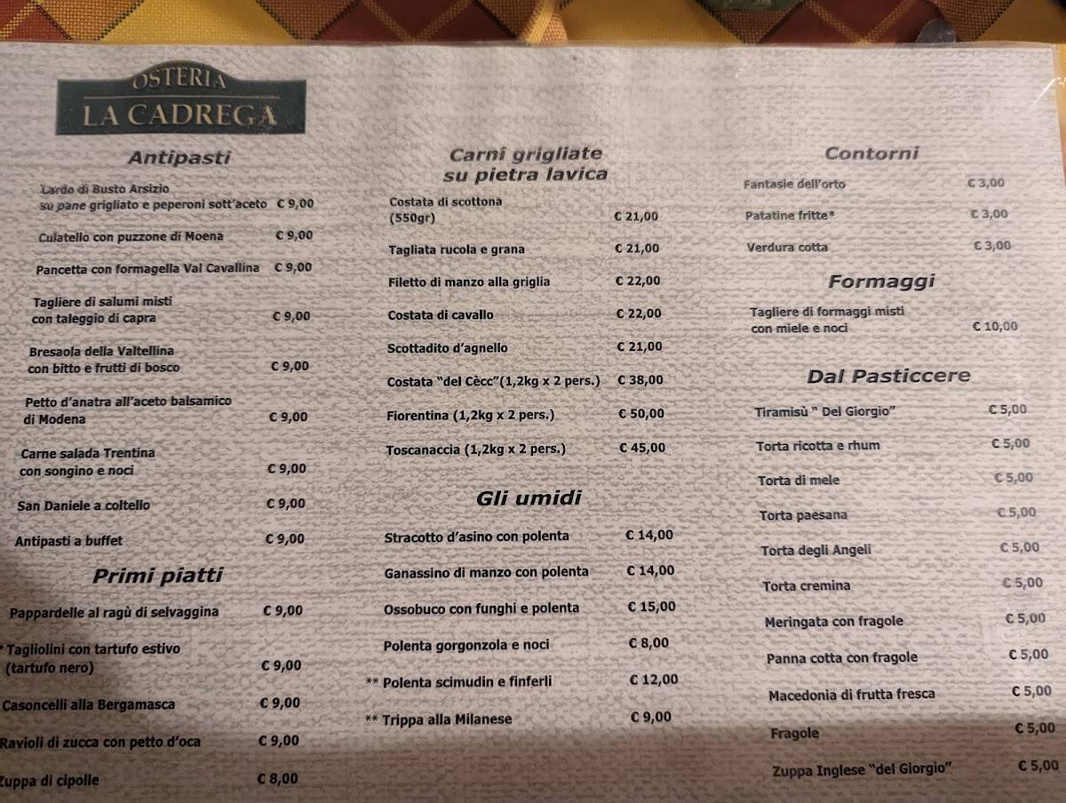 Menu da La Cadrega ristorante, Carimate