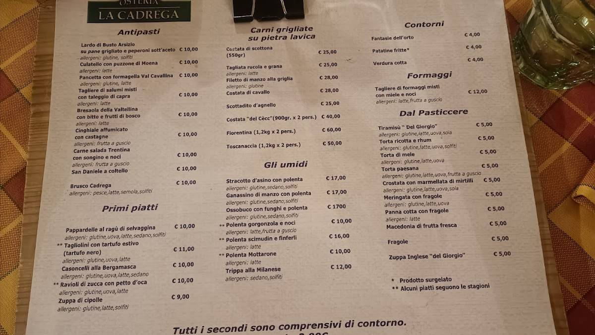 Menu au La Cadrega restaurant, Carimate