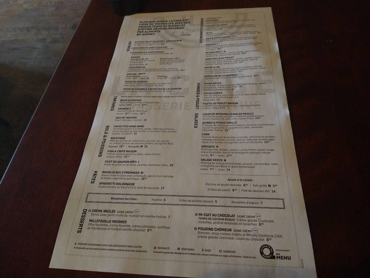 Menu at La Cage pub & bar, Rivière-du-Loup