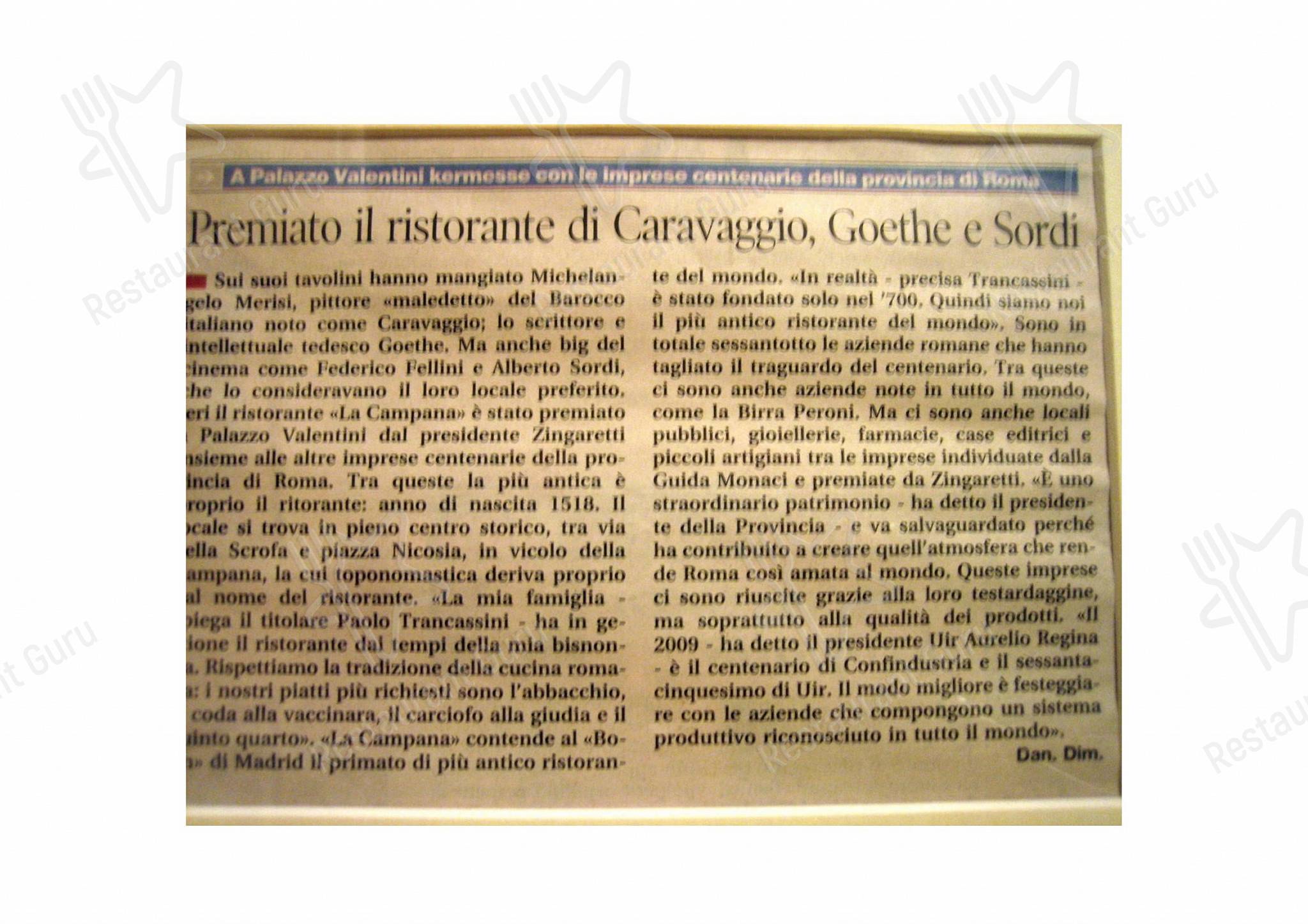 Menu da La Campana ristorante, Roma