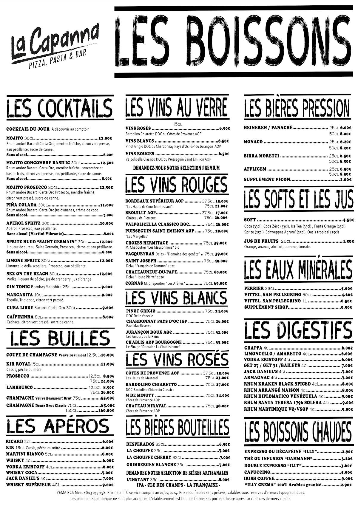 Menu au La Capanna restaurant, Lognes