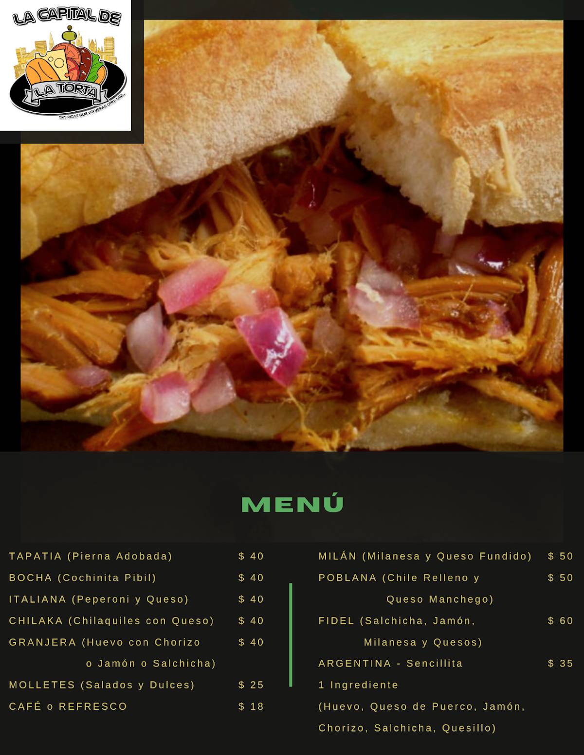 Menu at La Capital de la Torta restaurant, Tlaxcala