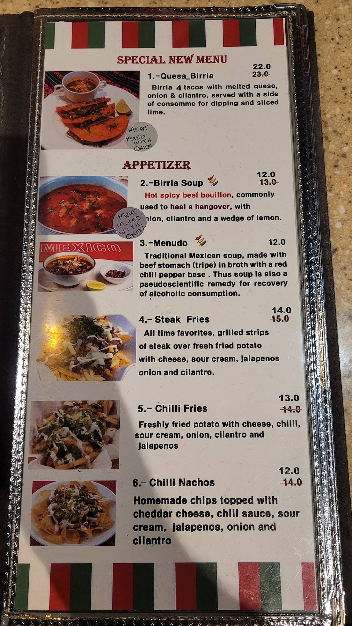 Menu at La Casa restaurant, South Korea