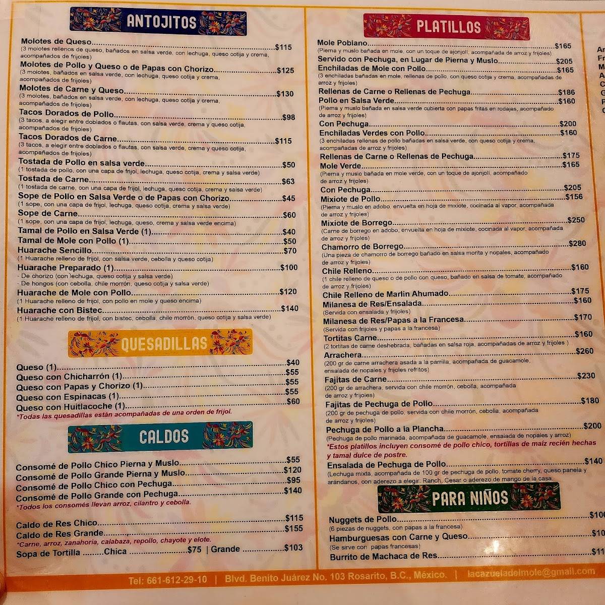 Carta del restaurante La Cazuela Del Mole, Rosarito