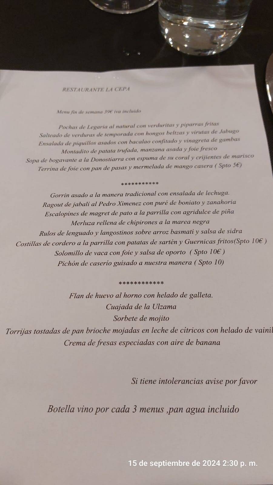 Carta del restaurante La Cepa, Estella