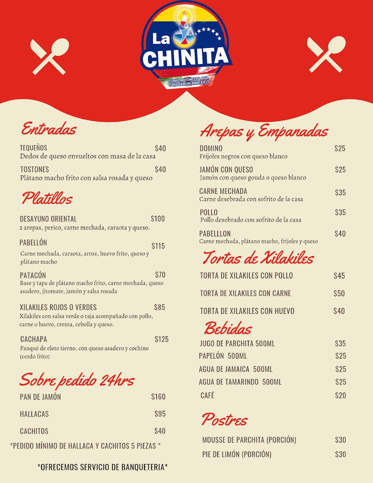 Menu at La Chinita Venezolana restaurant, La Paz