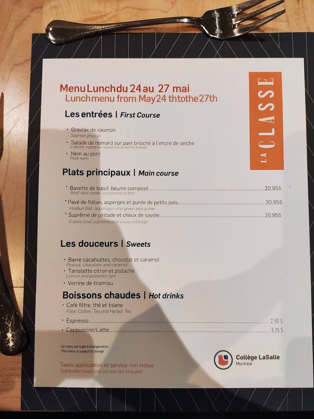 Menu at La Classe restaurant, Montréal