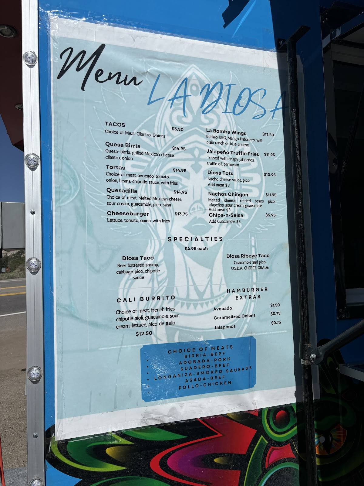 Menu at La Diosa Food Truck restaurant, Eagle