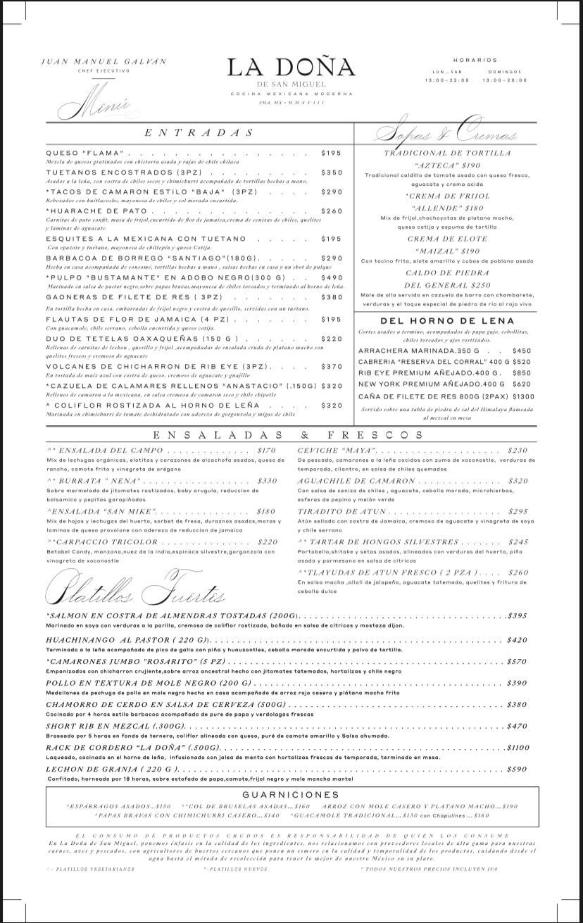 Menu at La Doña de San Miguel restaurant, San Miguel de Allende