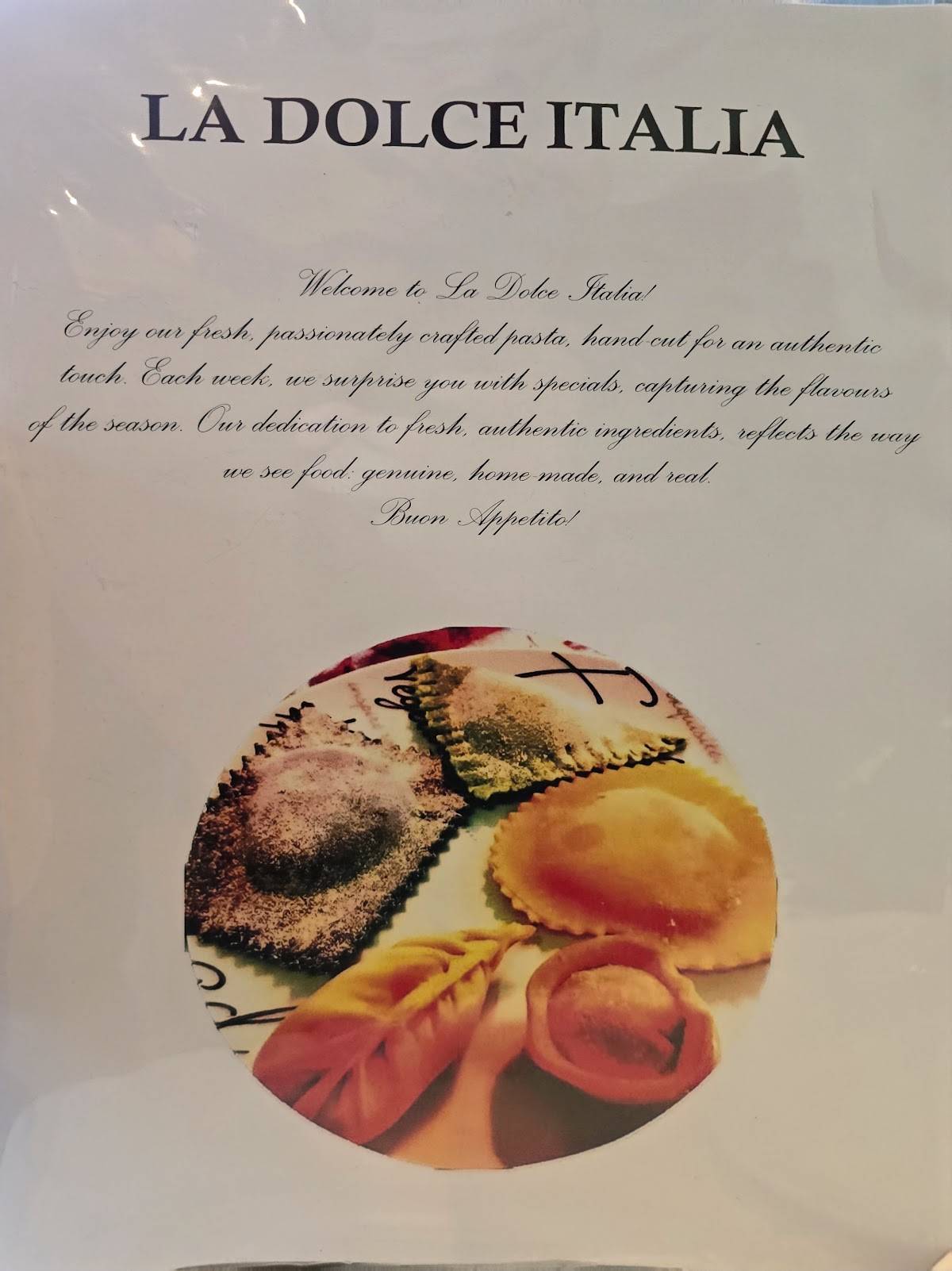 Menu at La Dolce Italia restaurant, Dublin, 104 Patrick St