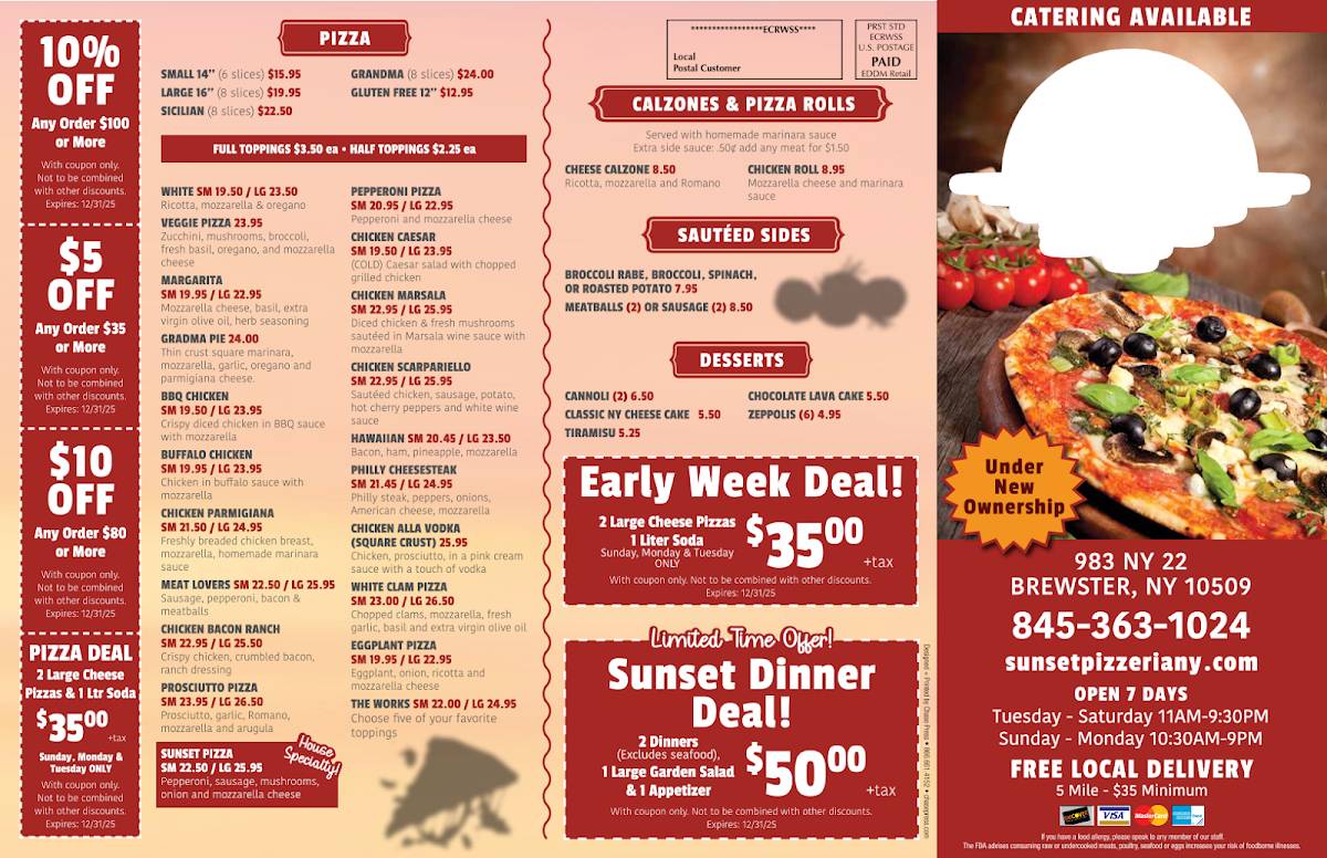 Menu at Sunset Pizzeria Brewster, Brewster