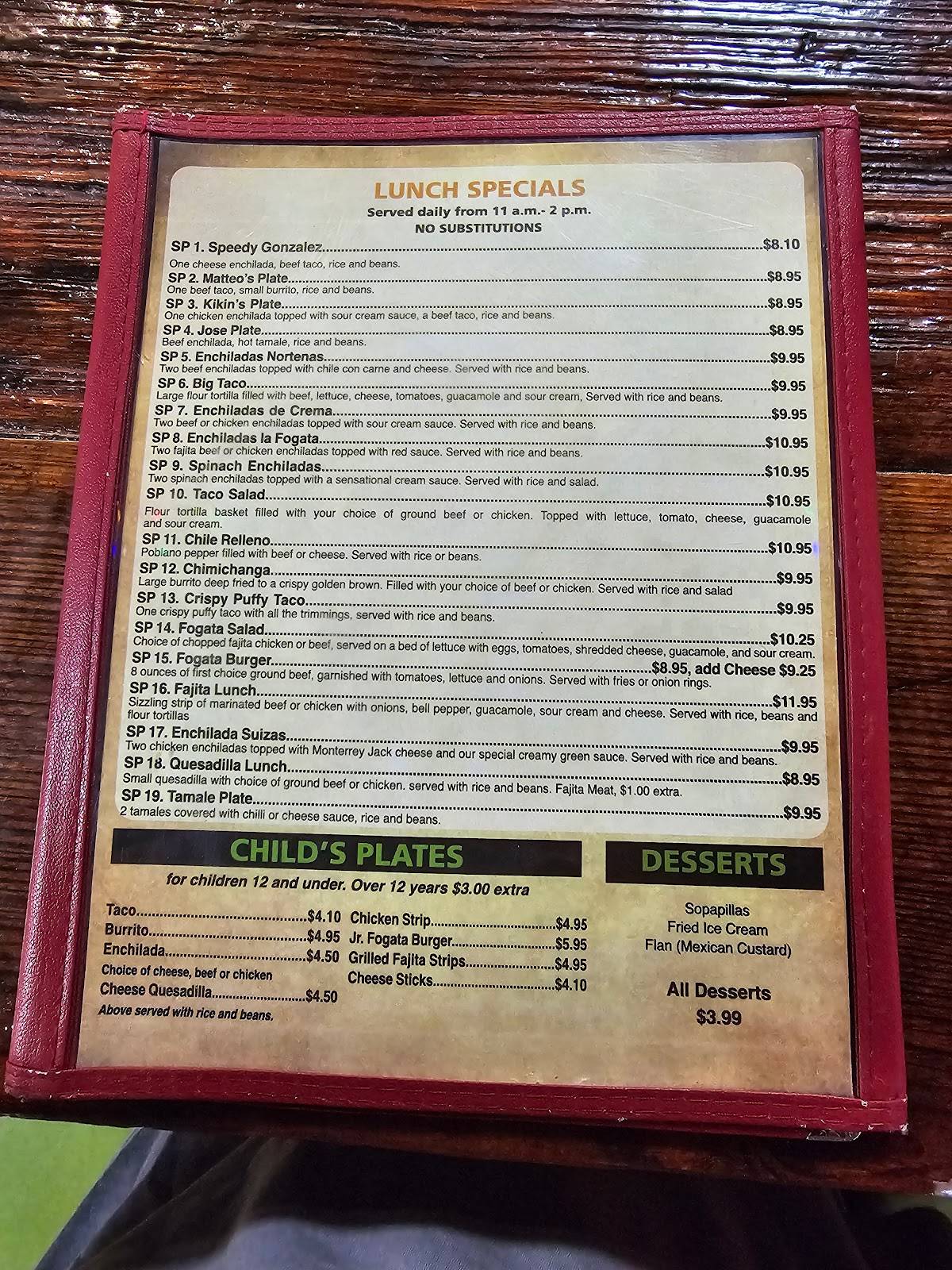 Menu at La Fogata restaurant, Arcadia, 594 Gap Farms Rd
