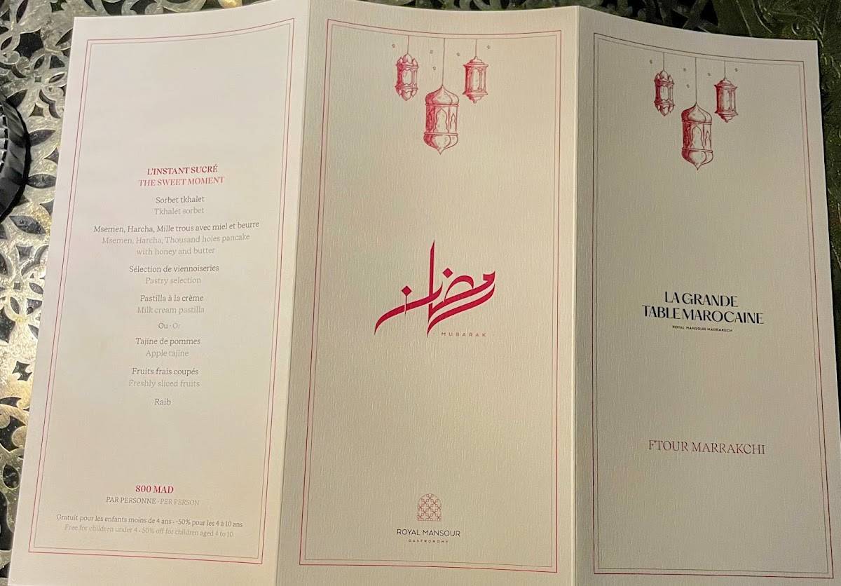 Carta del restaurante La Grande Table Marocaine, Marrakech