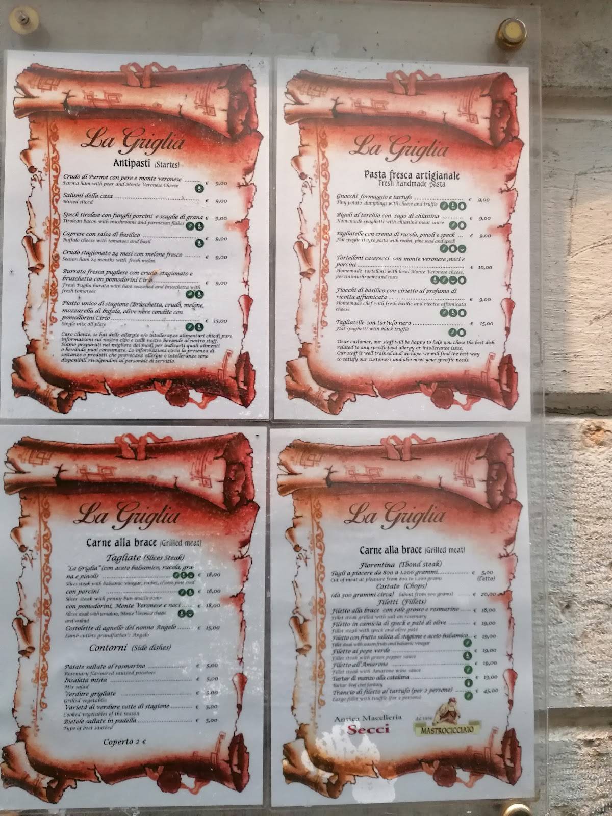 Menu da La Griglia ristorante, Verona, Via Leoncino