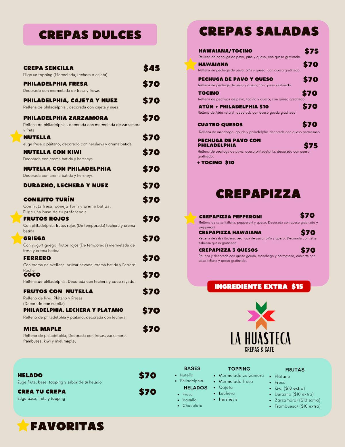 Menu at La Huasteca Crepas y Café, Ecatepec de Morelos