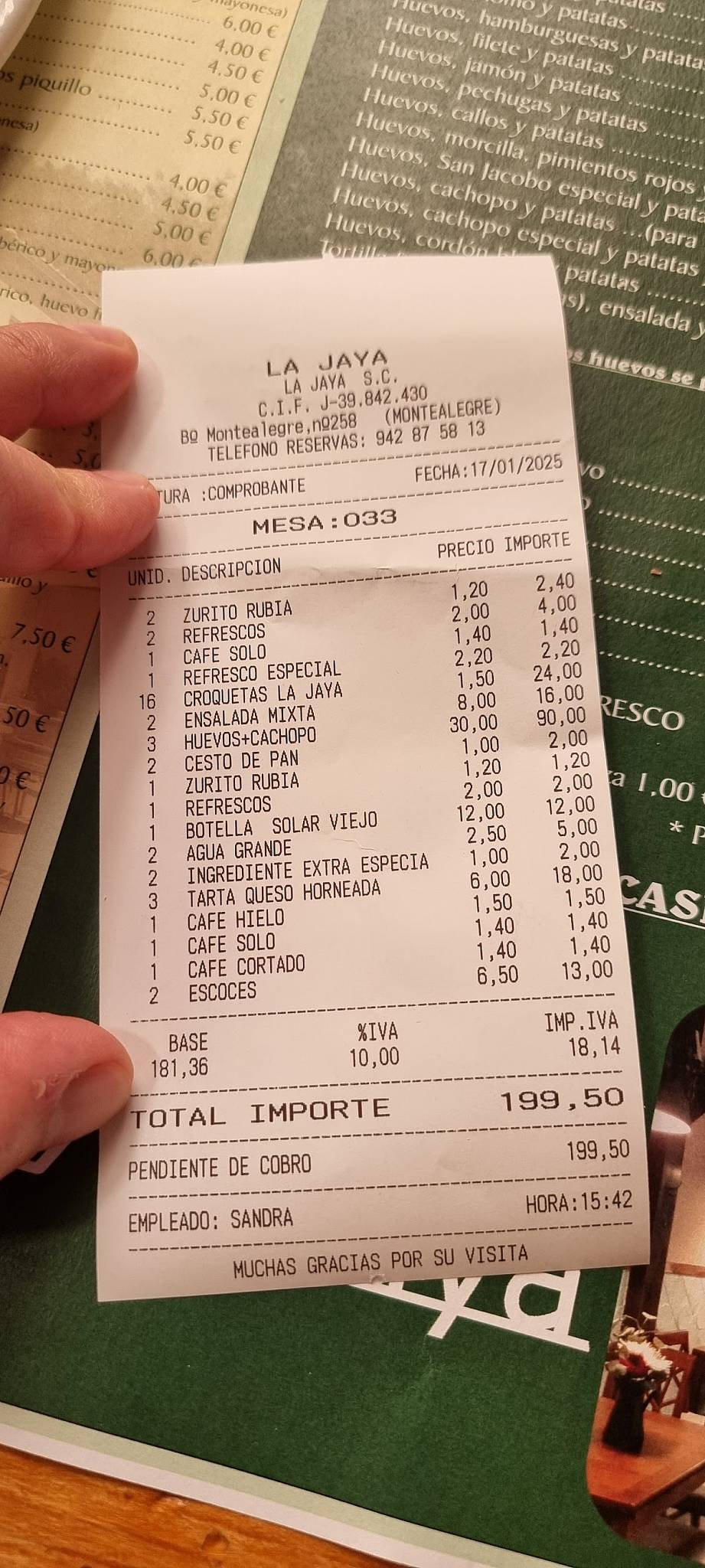 Carta del pub y bar La Jaya, Samano, Barrio Montealegre