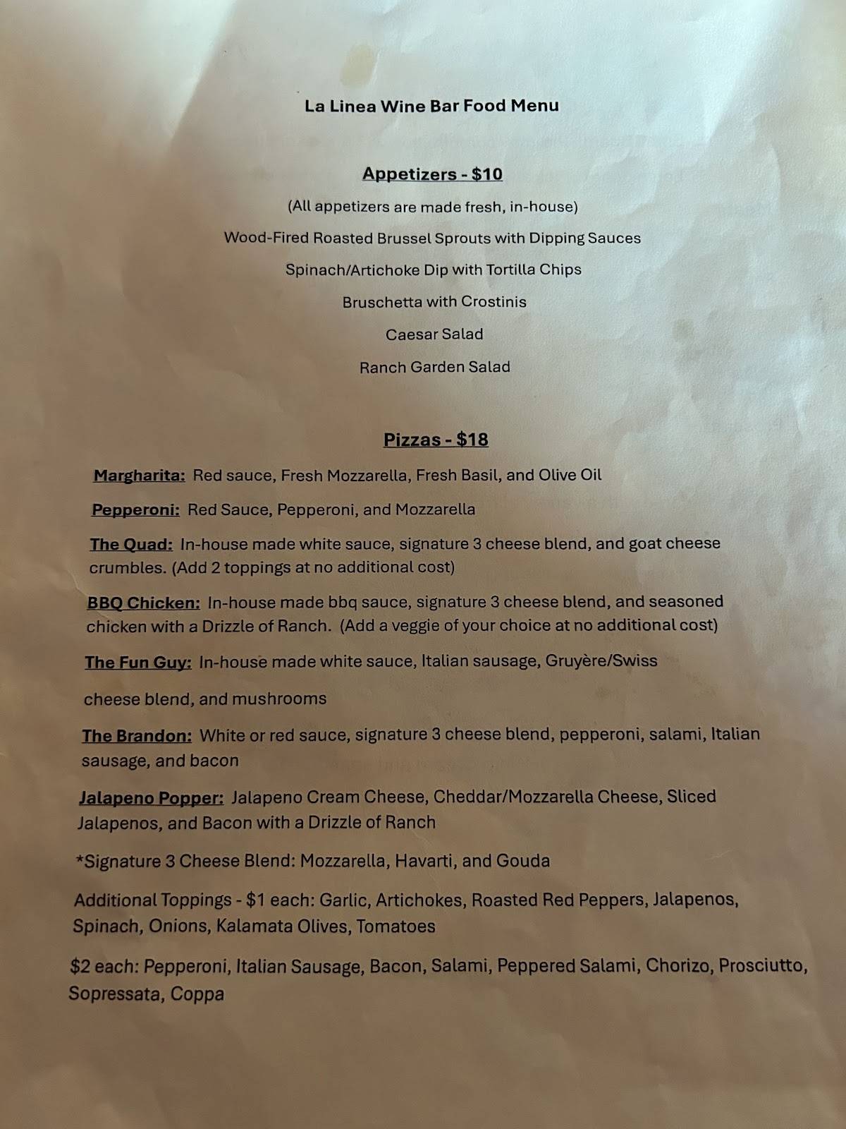 Menu at La Linea Wine Bar, Beeville