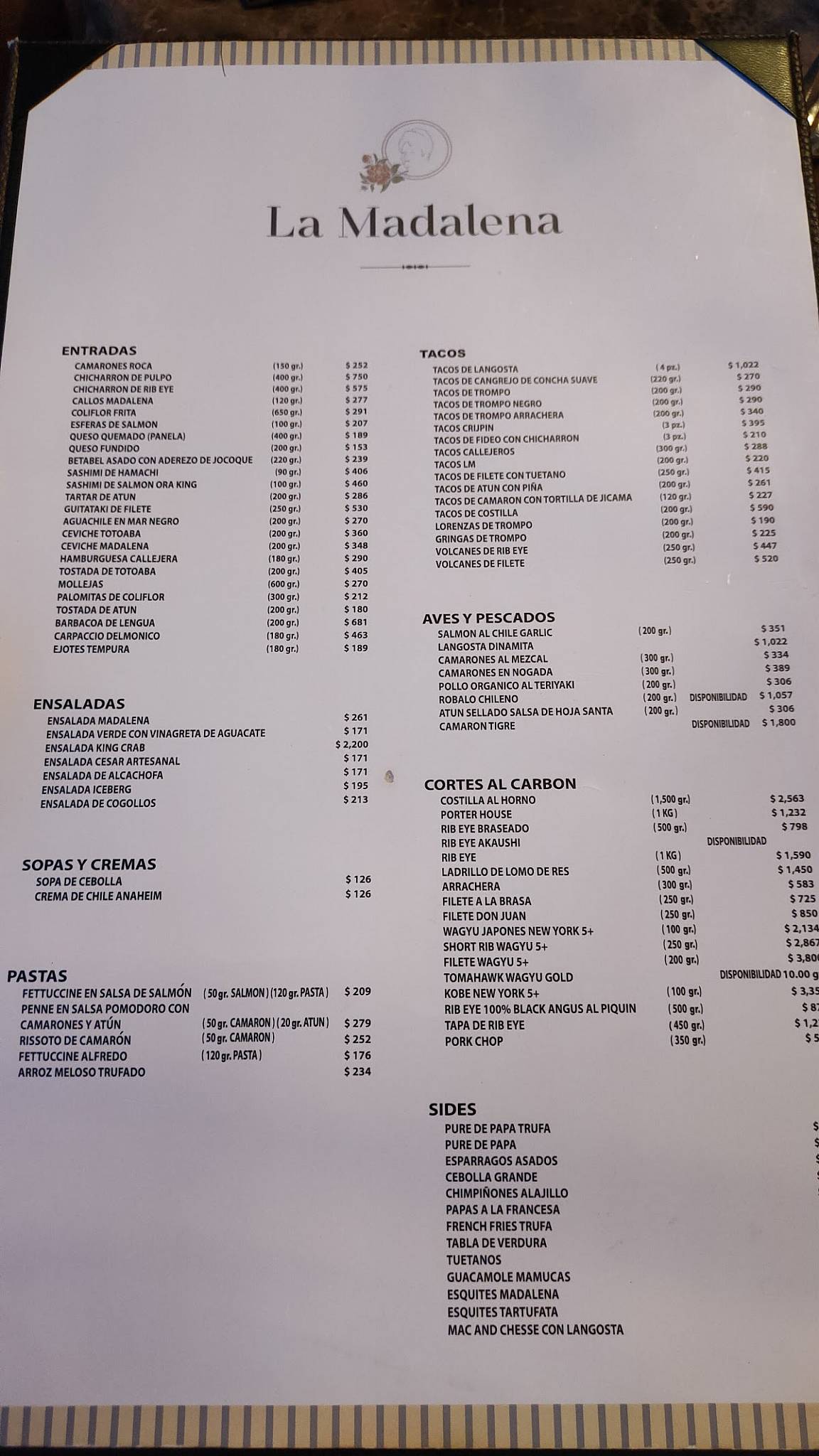 Carta del restaurante La Madalena Guadalajara, Zapopan