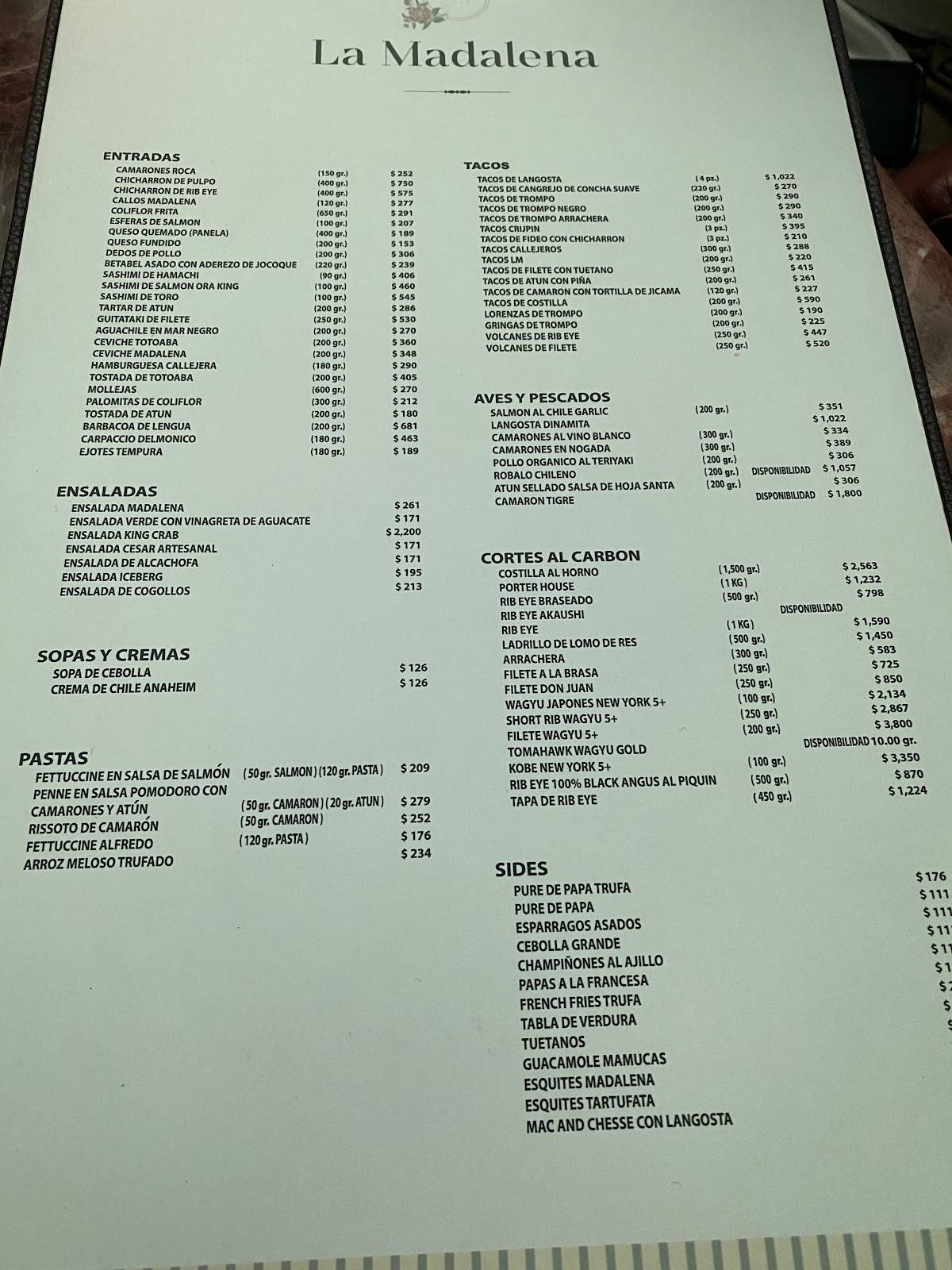 Carta del restaurante La Madalena Guadalajara, Zapopan