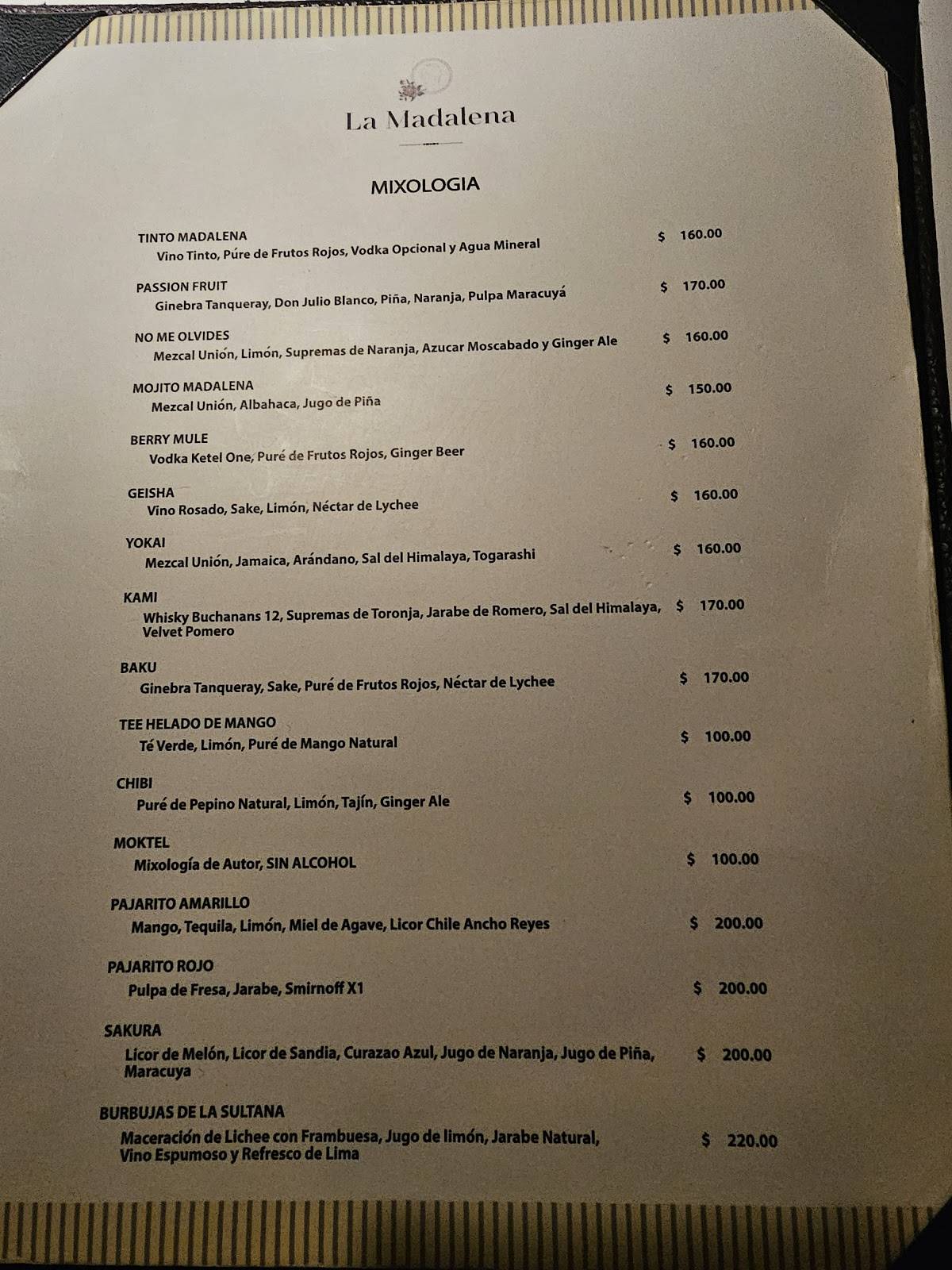 Carta del restaurante La Madalena Guadalajara, Zapopan