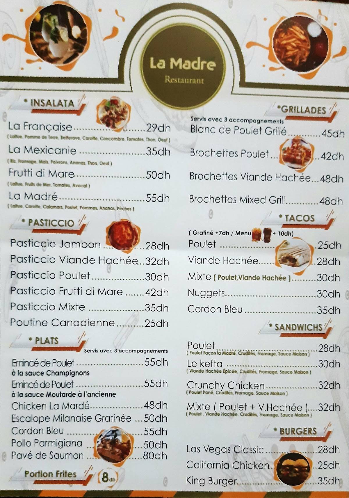 Carta de La Madré Restaurant, Casablanca