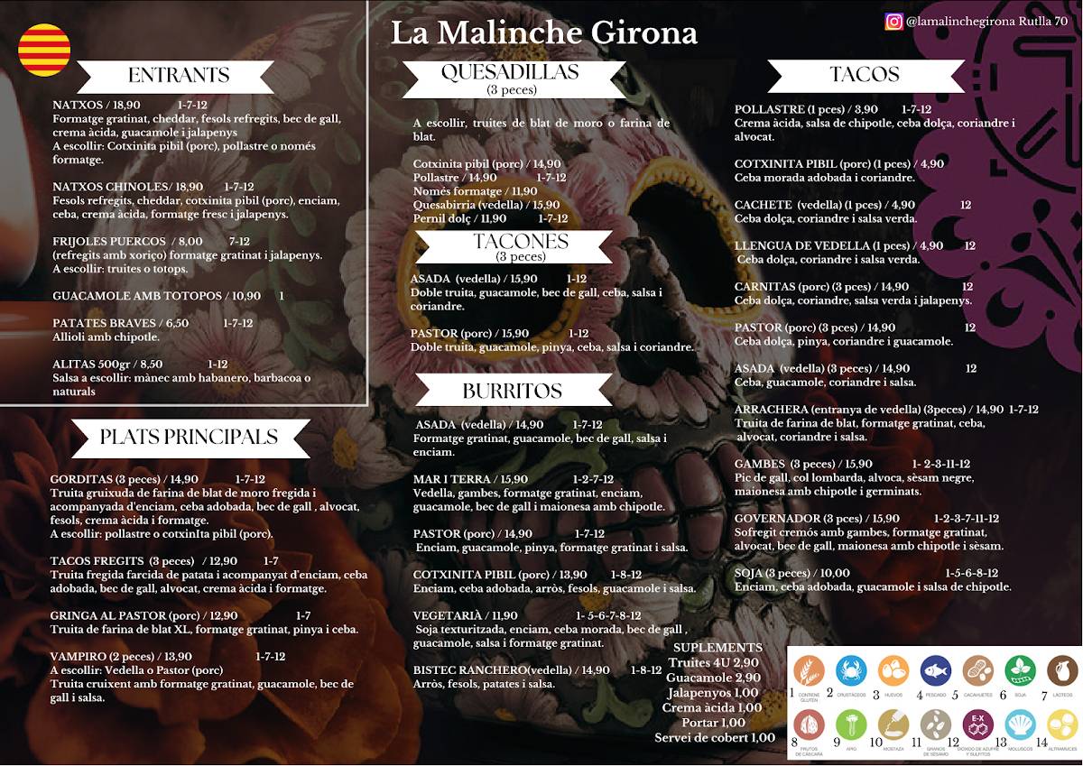 Carta del restaurante La Malinche, Gerona