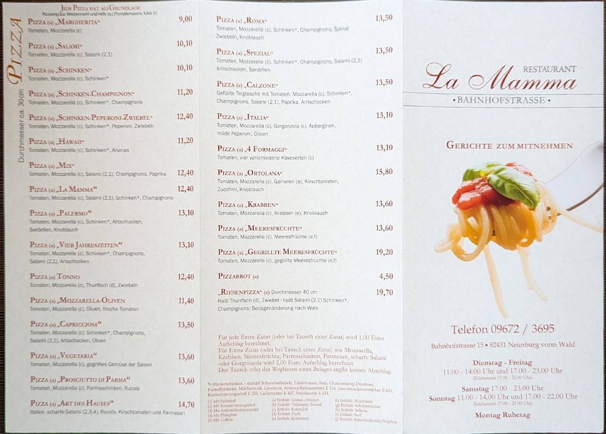 Speisekarte von La Mamma restaurant, Neunburg vorm Wald