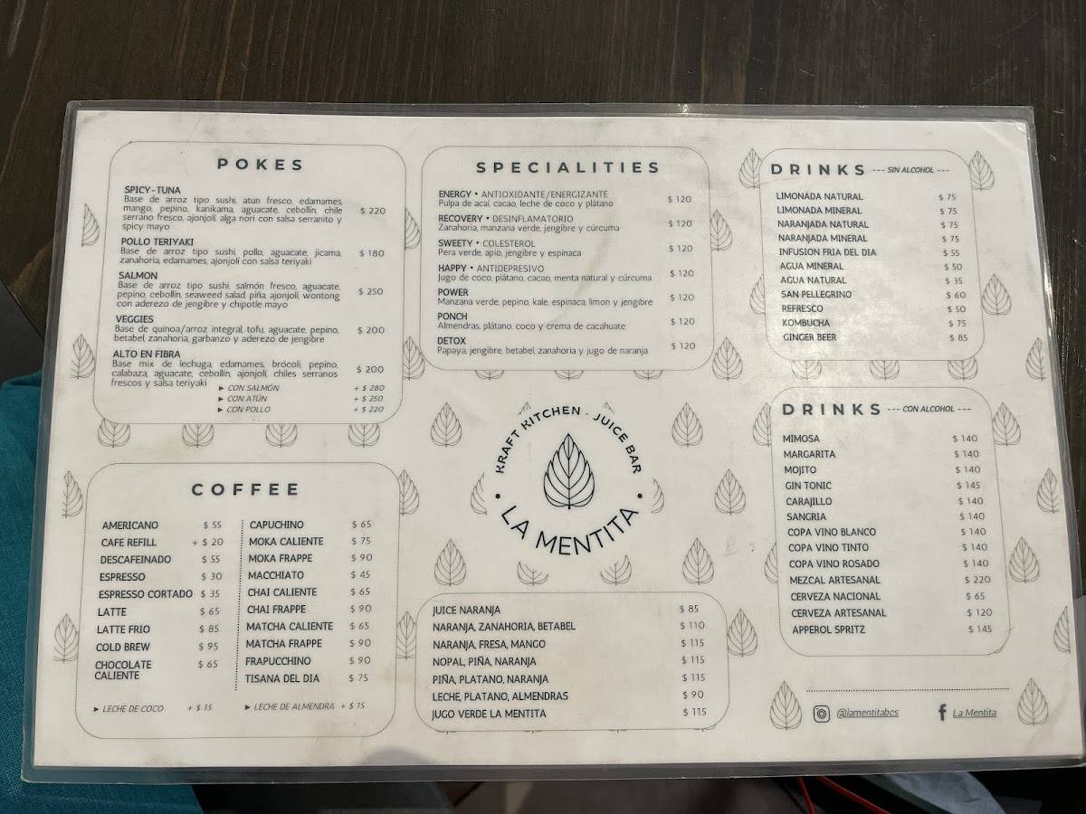 Carta del pub y bar La Mentita, La Paz