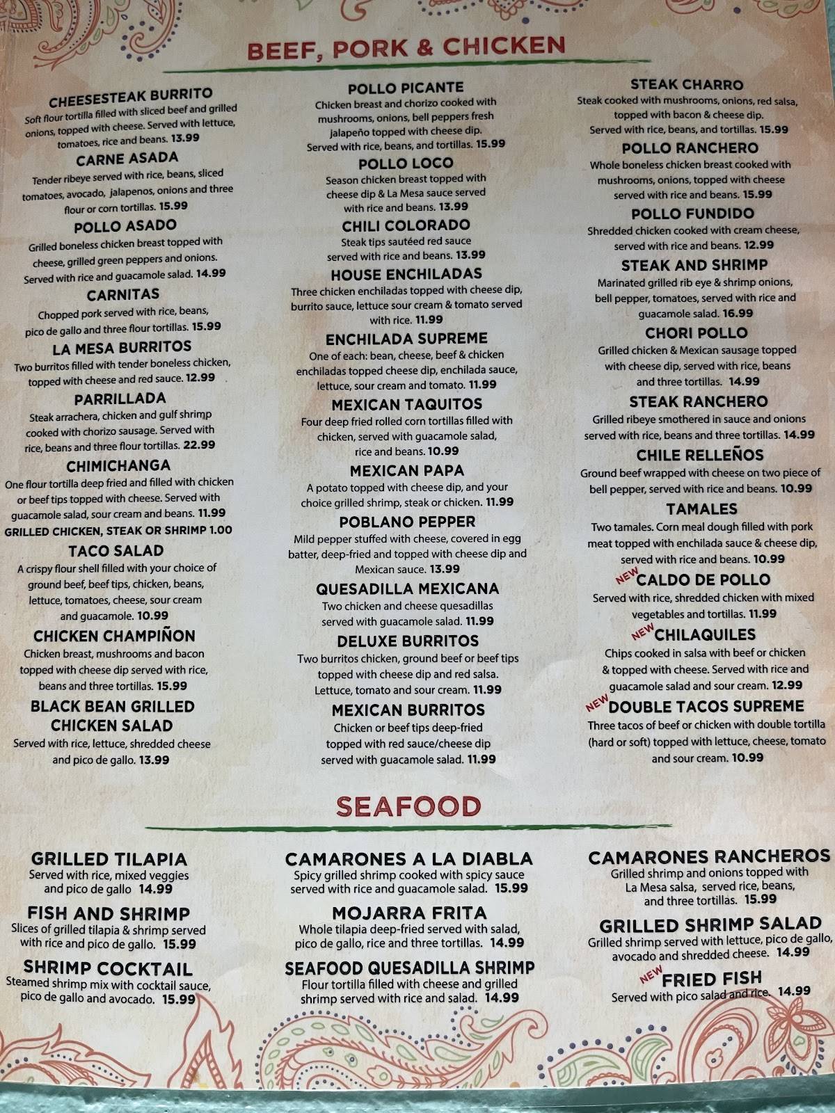 Menu at La Mesa restaurant, Gilbert