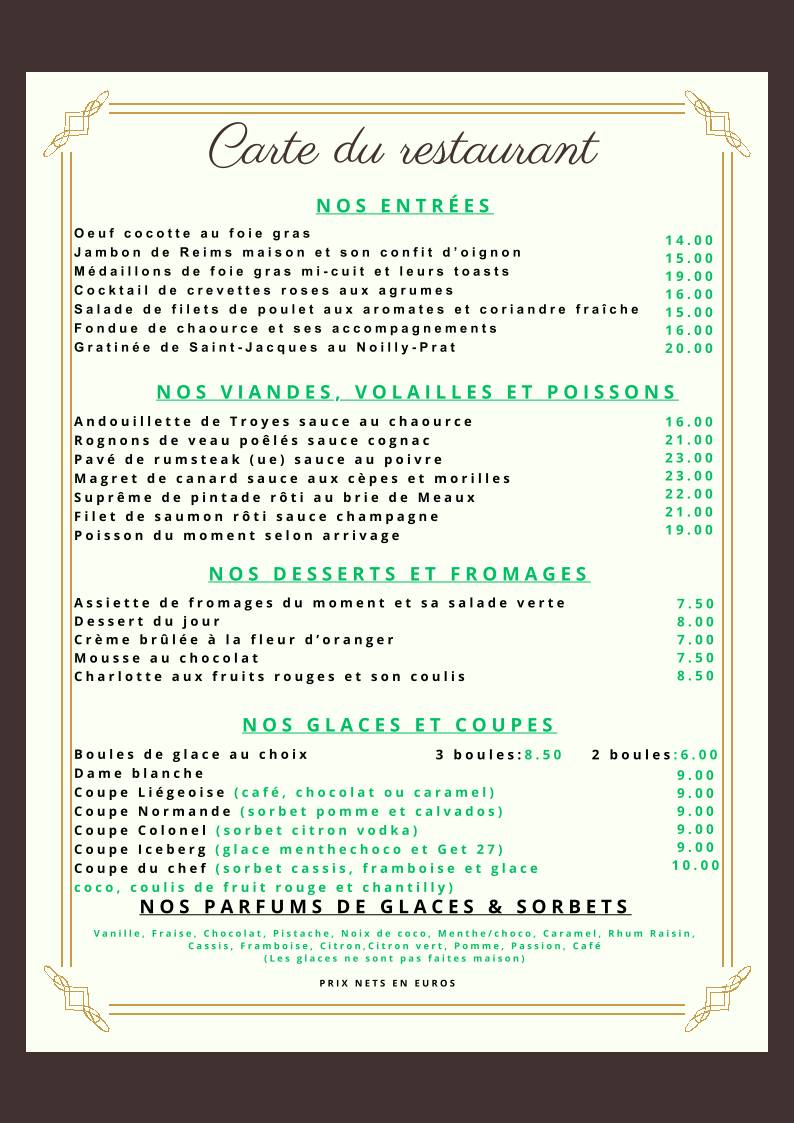 Menu au La Mezzanine restaurant, Sézanne