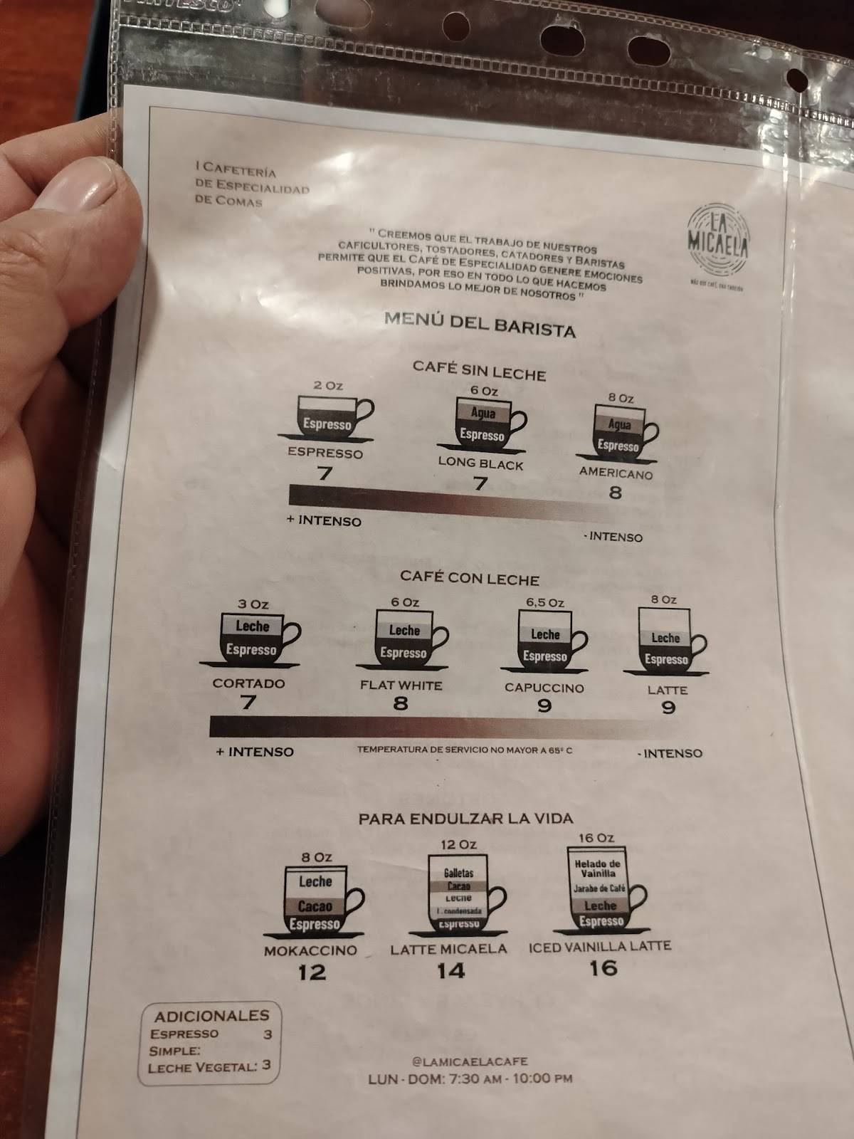 Carta del pub y bar La Micaela Coffee, Comas