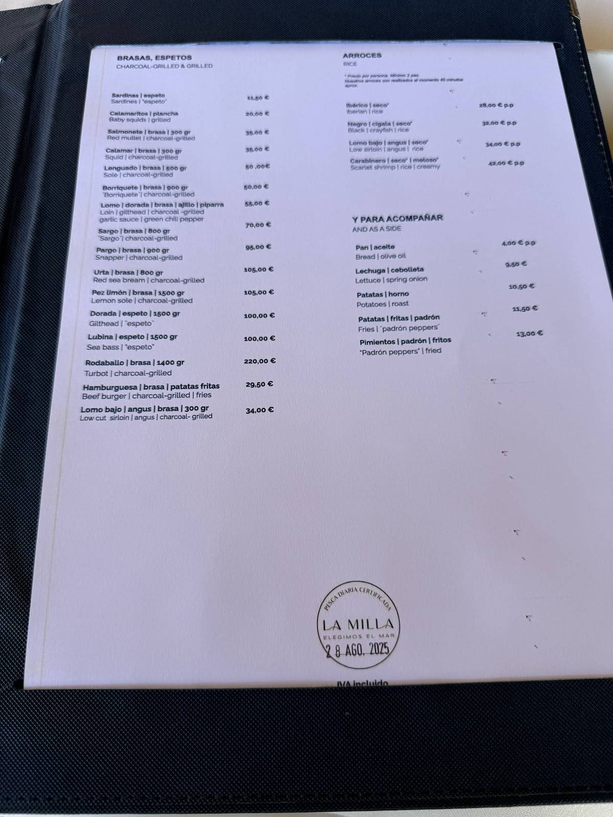 Carta del pub y bar La Milla, Marbella