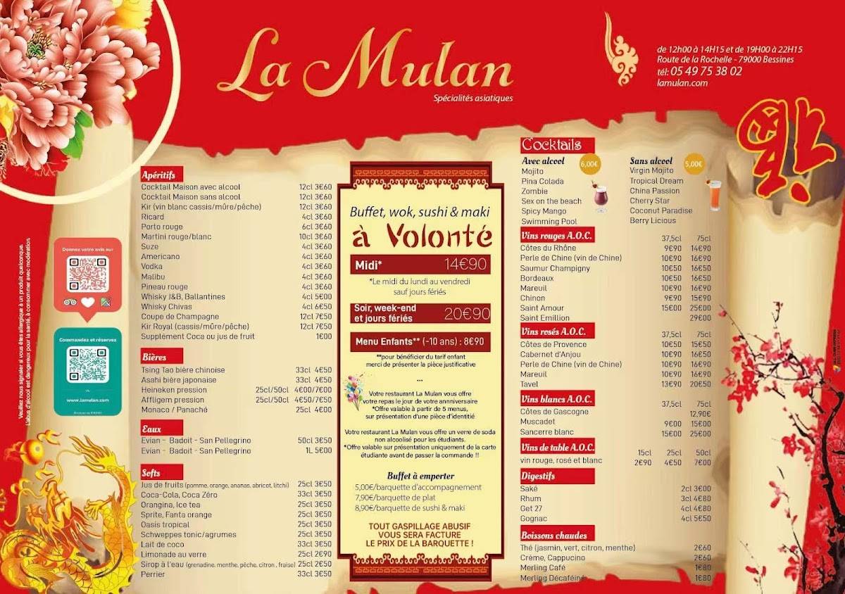 Menu au La Mulan Bessines Niort fast food, Bessines