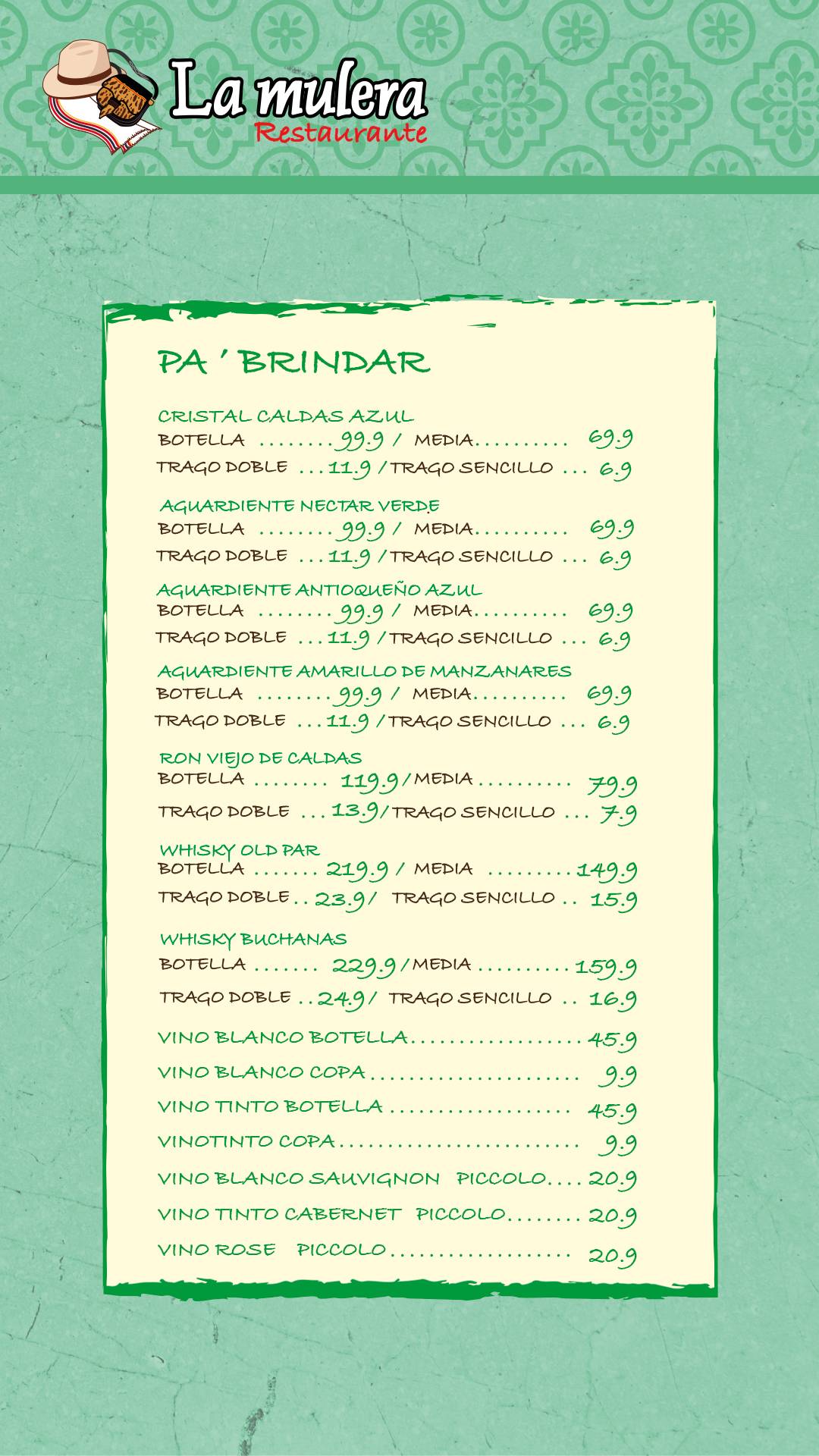 Carta del restaurante La Mulera Calle 97, Bogotá