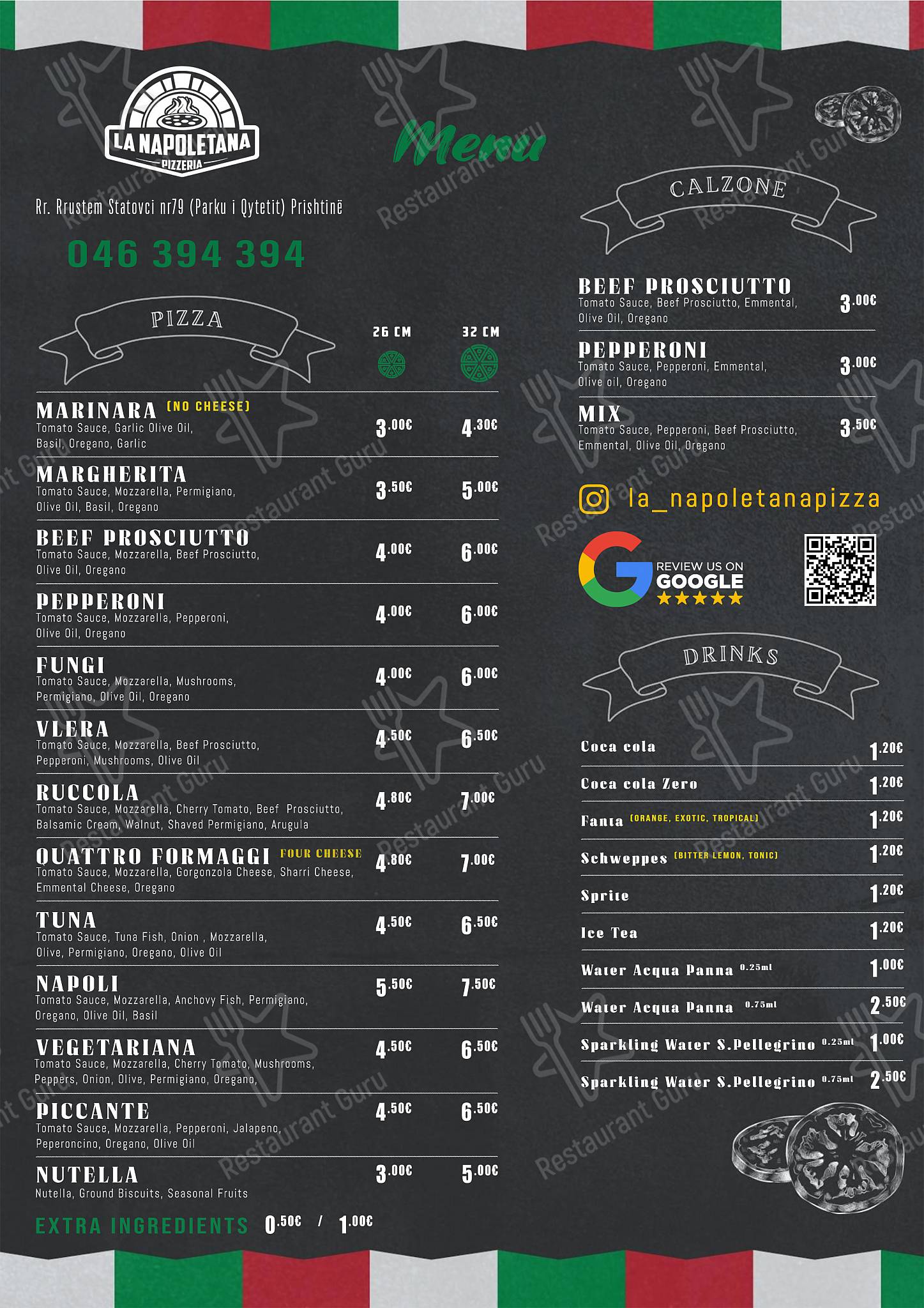 Menu au La Napoletana Pizza pizzeria, Pristina