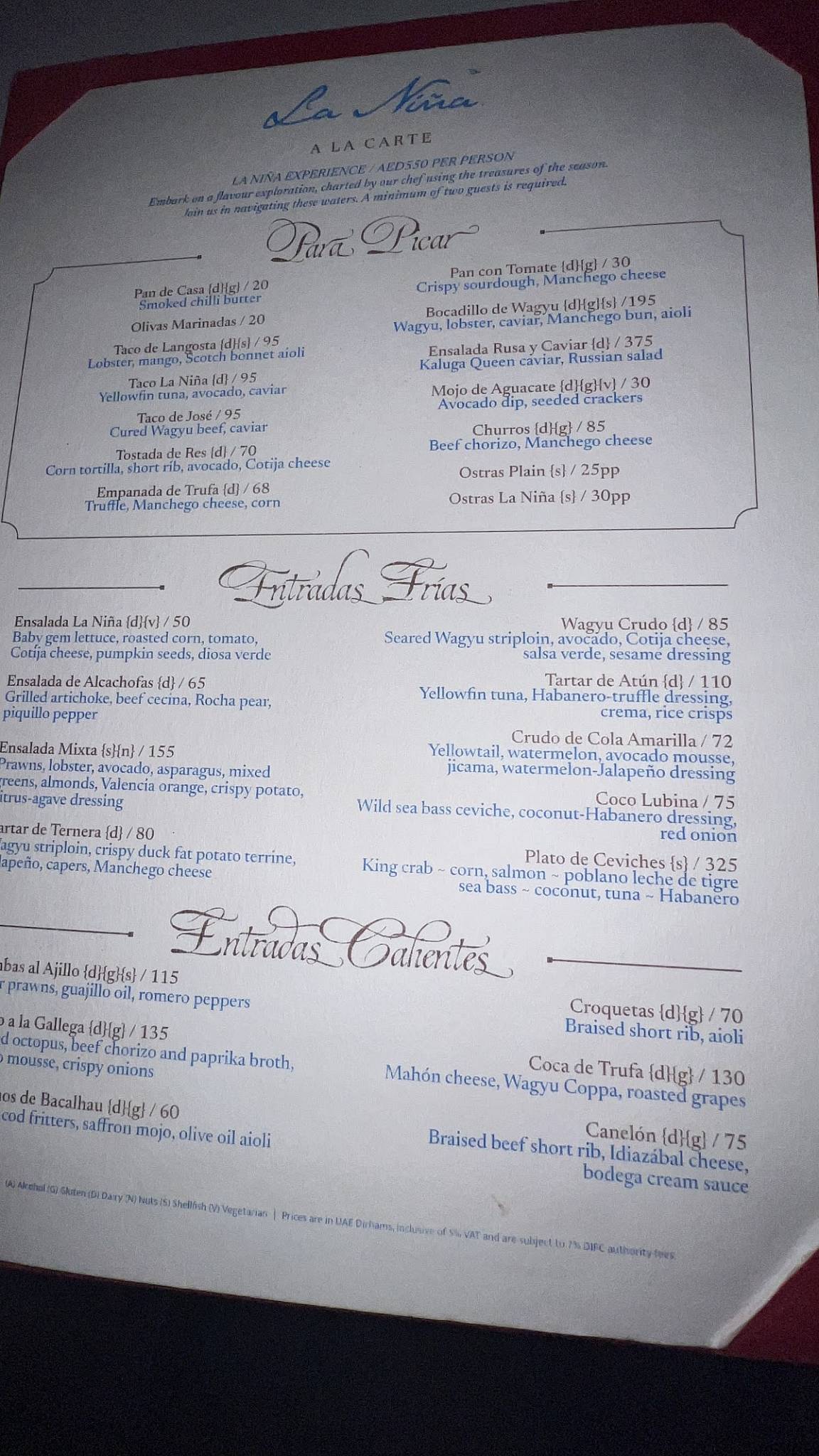 Menu at La Niña Dubai restaurant, Dubai