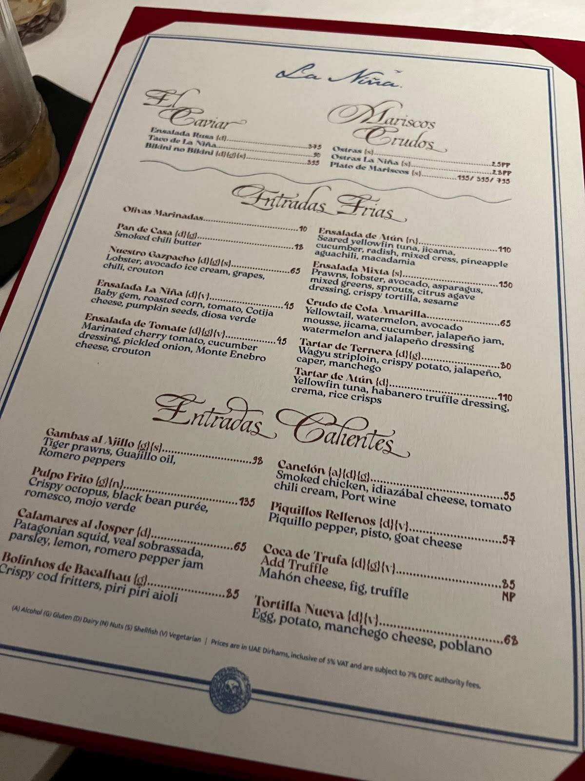 Carta del restaurante La Niña Dubai, Dubai