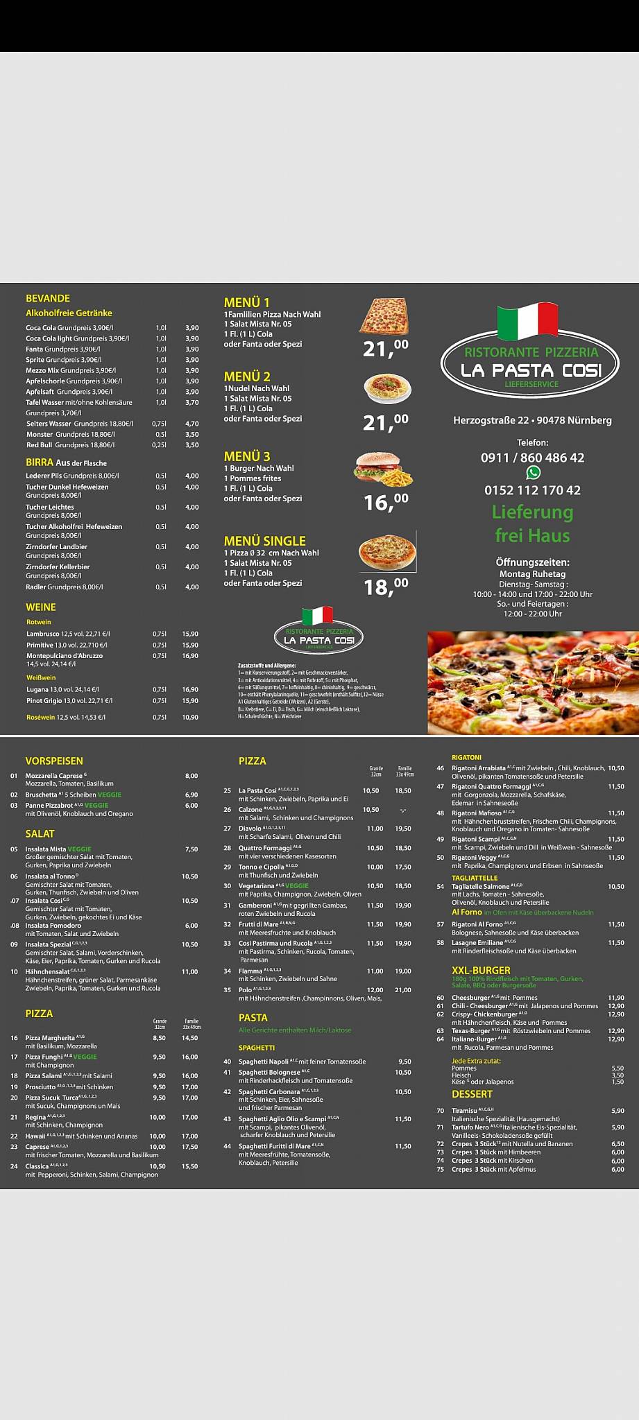 Menu at La Pasta Cosi restaurant, Nuremberg