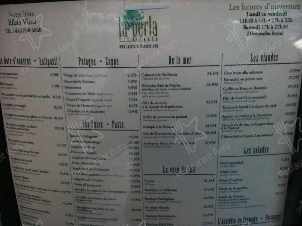 Menu au La Perla restaurant, Québec