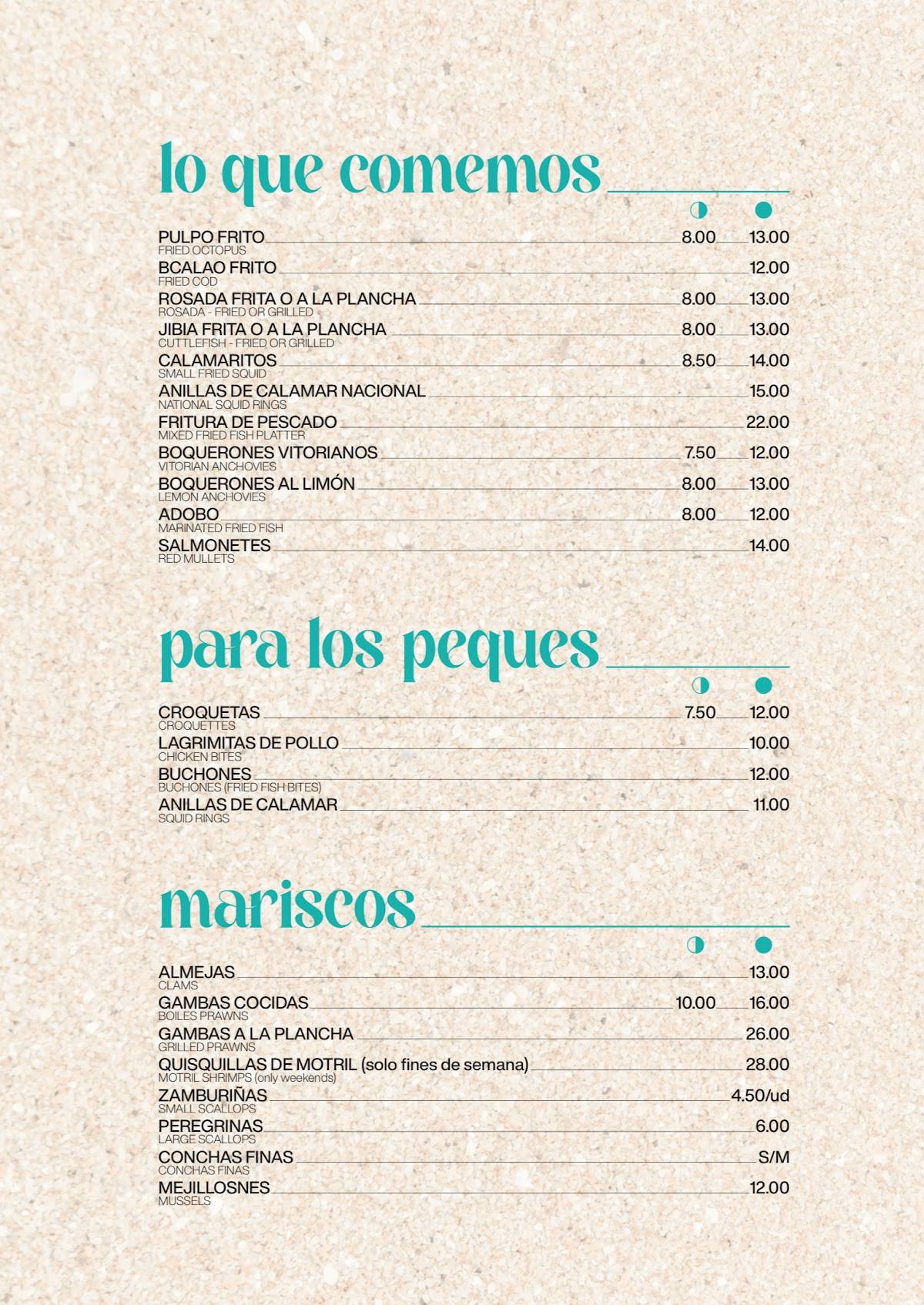 Carta de La Perla Restaurante, Rincón de la Victoria